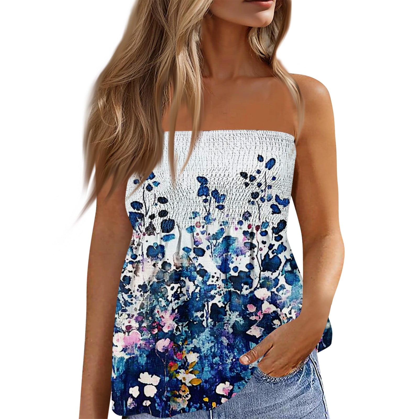 Womens Summer Tube Tops Floral Print Strapless Pleated Tanks Casual Bandeau Sleeveless Shirts ...