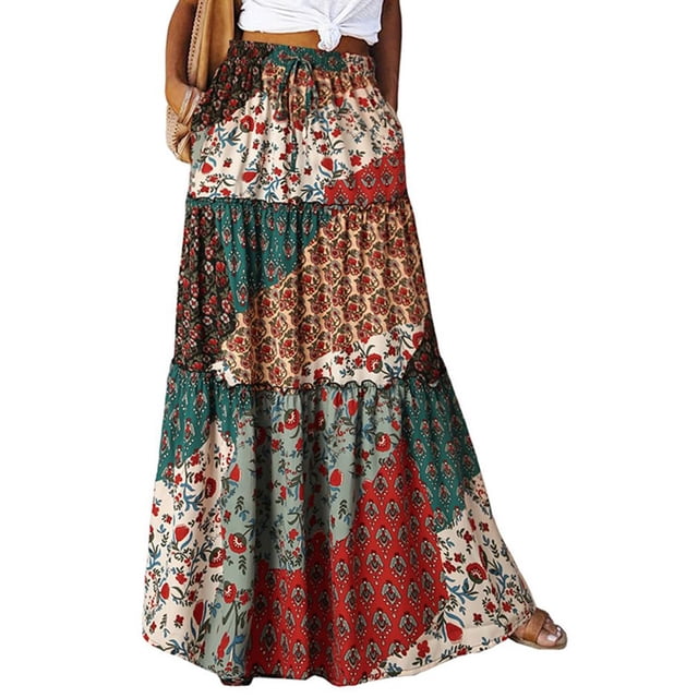 Womens Summer Western Boho High Waisted Elastic Maxi Skirts Flowy ...