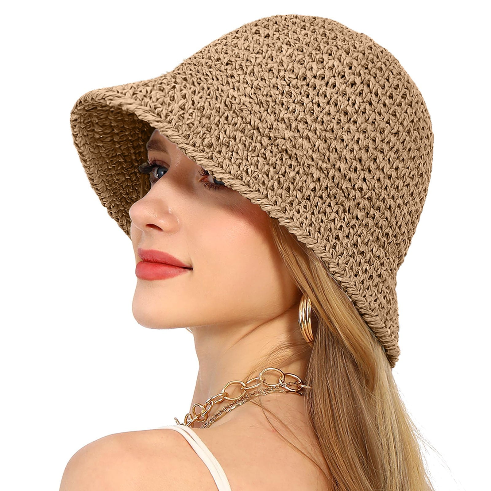 Womens Sun Hat Handmade Straw Bucket Wide Brim Packable Travel Summer ...