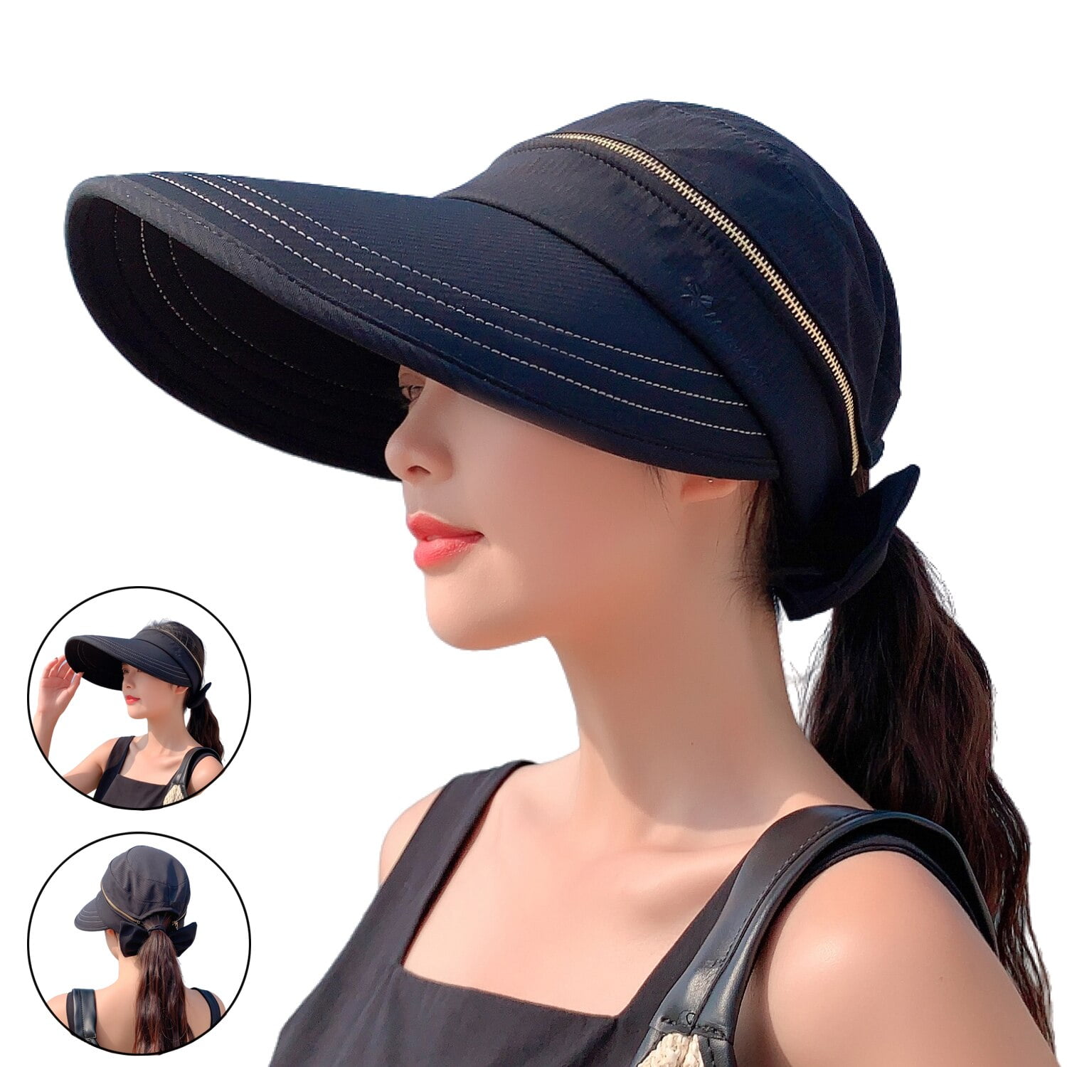 Womens Sun Hats 2 in 1 Zip-Off UV Protection Wide Brim Sun Visors ...