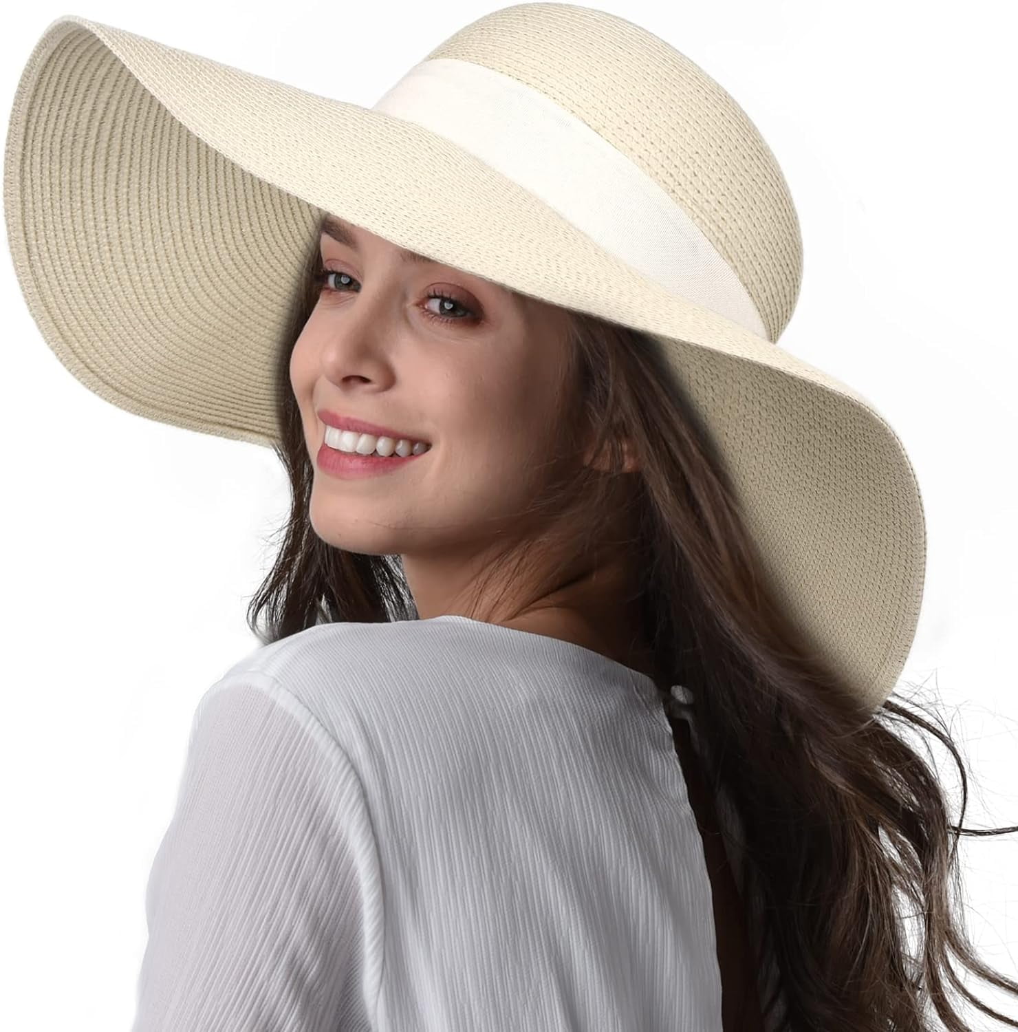Womens Sun Straw Hat Wide Brim UPF 50 Summer Hat Foldable Roll up Floppy Beach Hats for Women ...