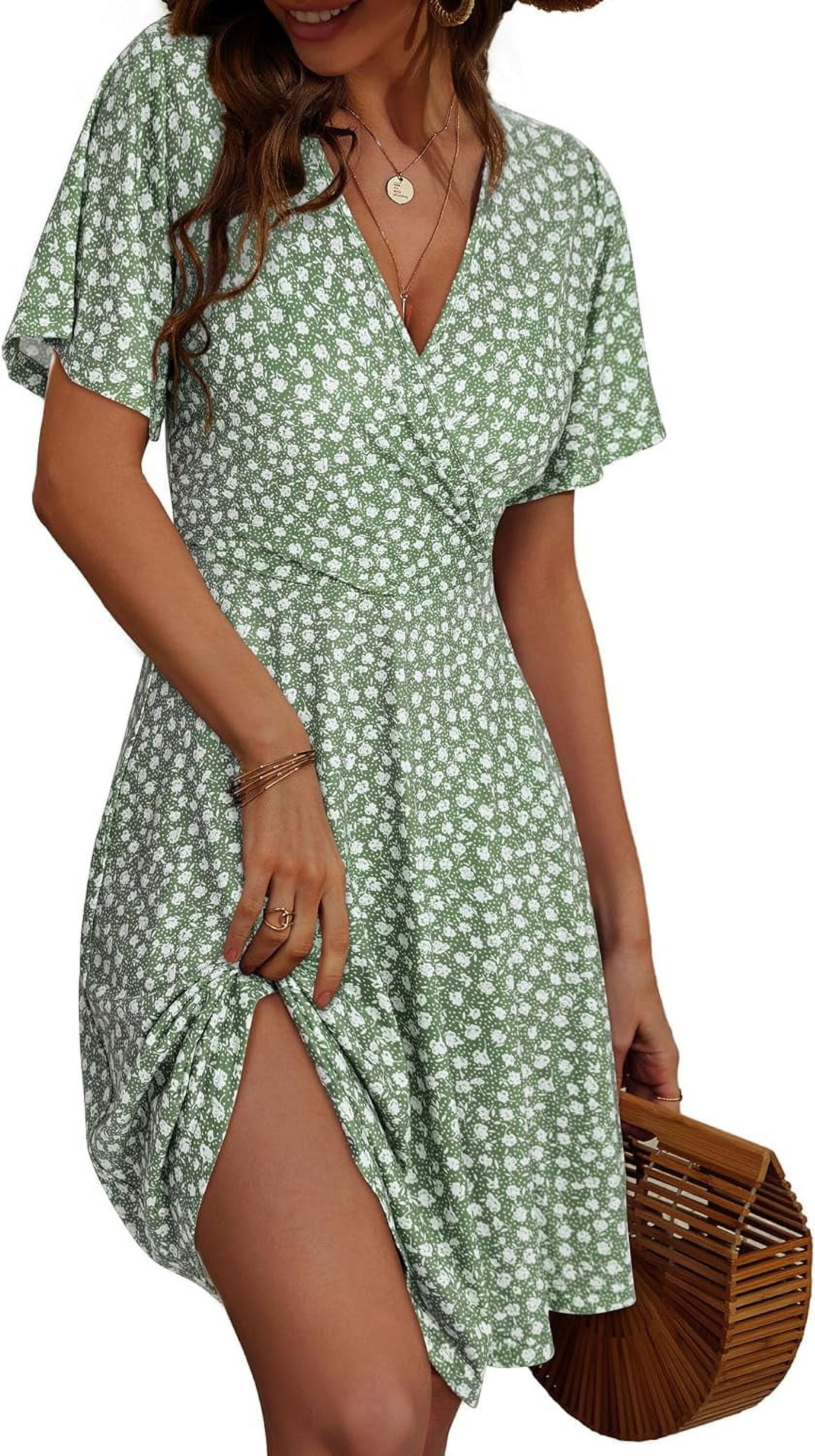 Womens Sundress 2025 New Summer Floral Short Sleeve Wrap V Neck A-Line ...