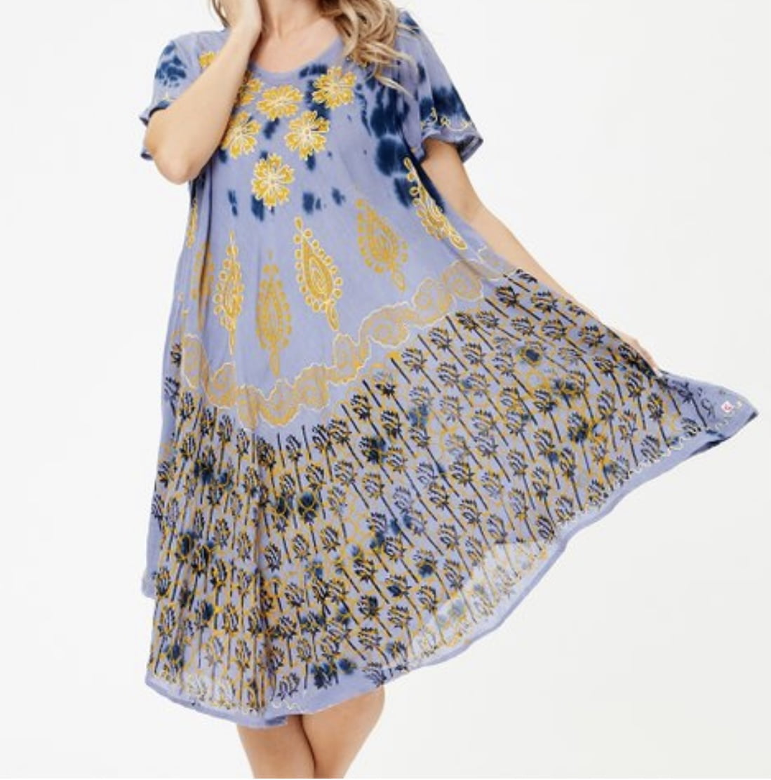 Womens Sundress Tie Dye Design Casual Summer Dress A-line Short Sleeves ...