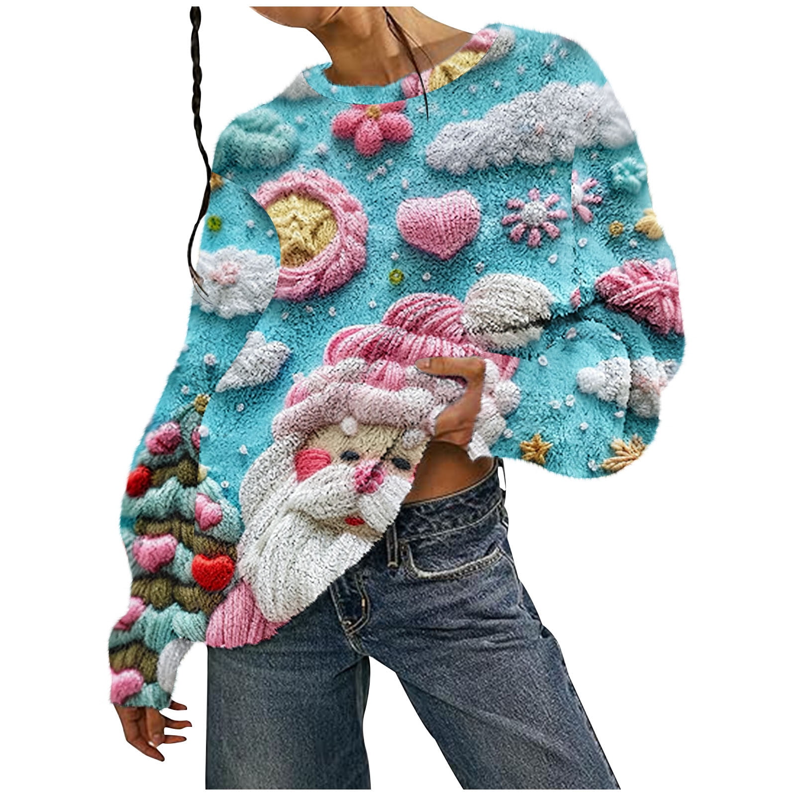 Womens Sweater Christmas Print Pullover Long Sleeved Warm Double-sided ...