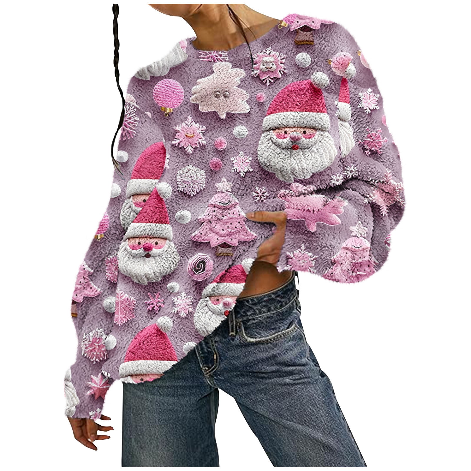 Womens Sweater Christmas Print Pullover Long Sleeved Warm Double-sided ...