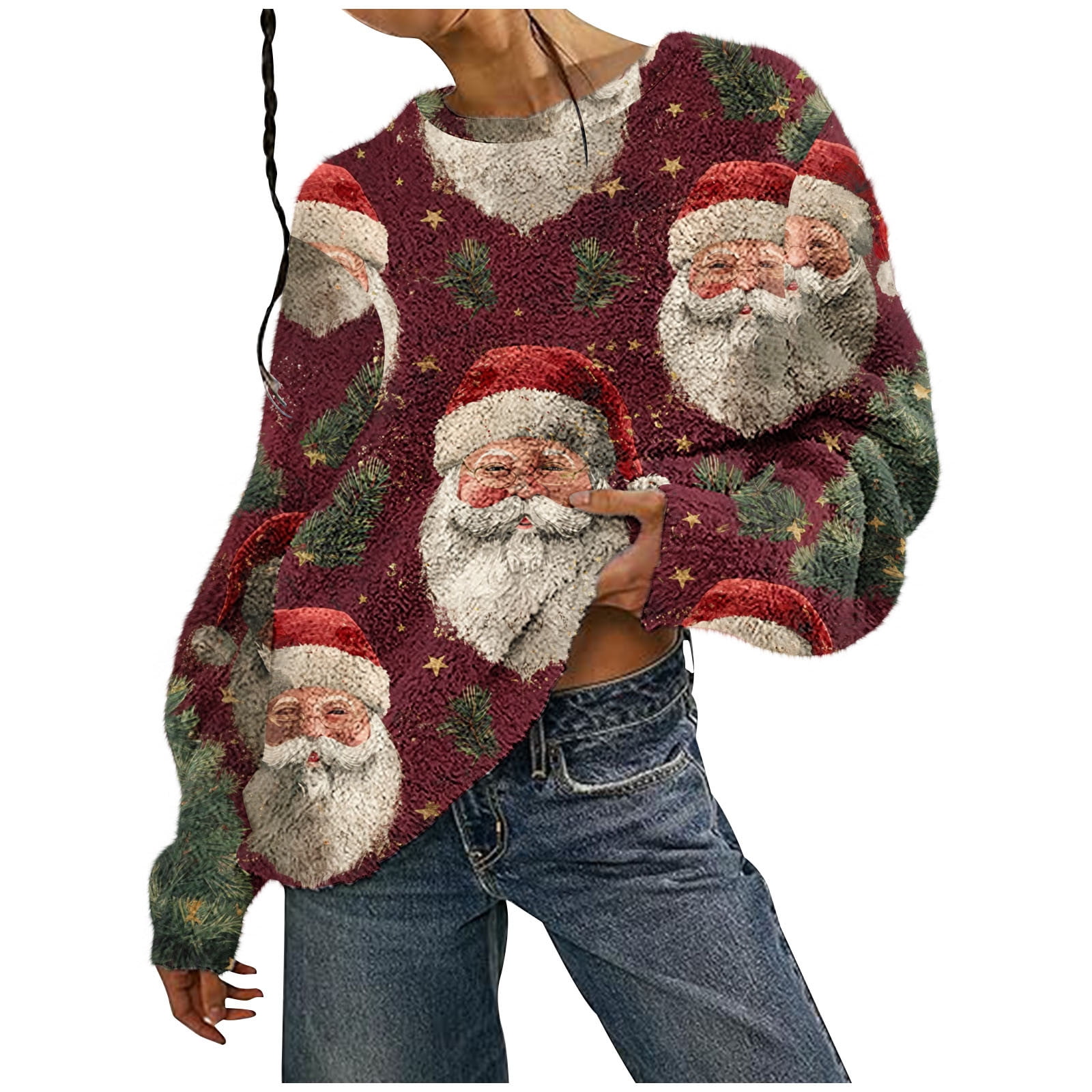 Womens Sweater Christmas Print Pullover Long Sleeved Warm Double-sided ...
