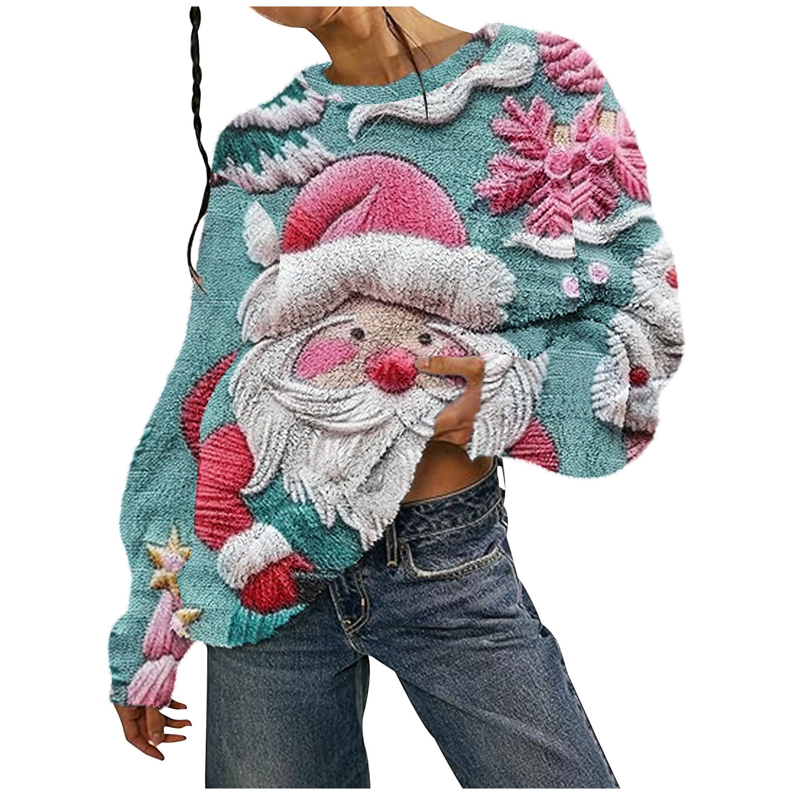 Womens Sweater Christmas Print Pullover Long Sleeved Warm Double-sided ...