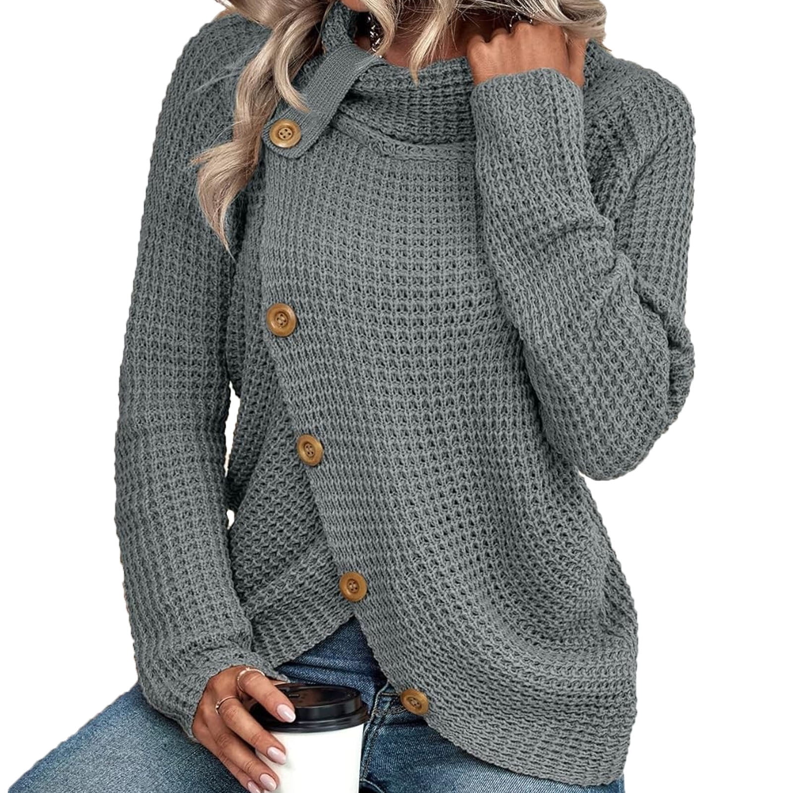 Womens Sweater Knit Waffle Slant Button Up Cowl Neck Irregular Hem ...