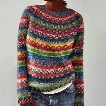 absuyy Fall Sweaters for Women Knitted Color Matching Crewneck Long ...