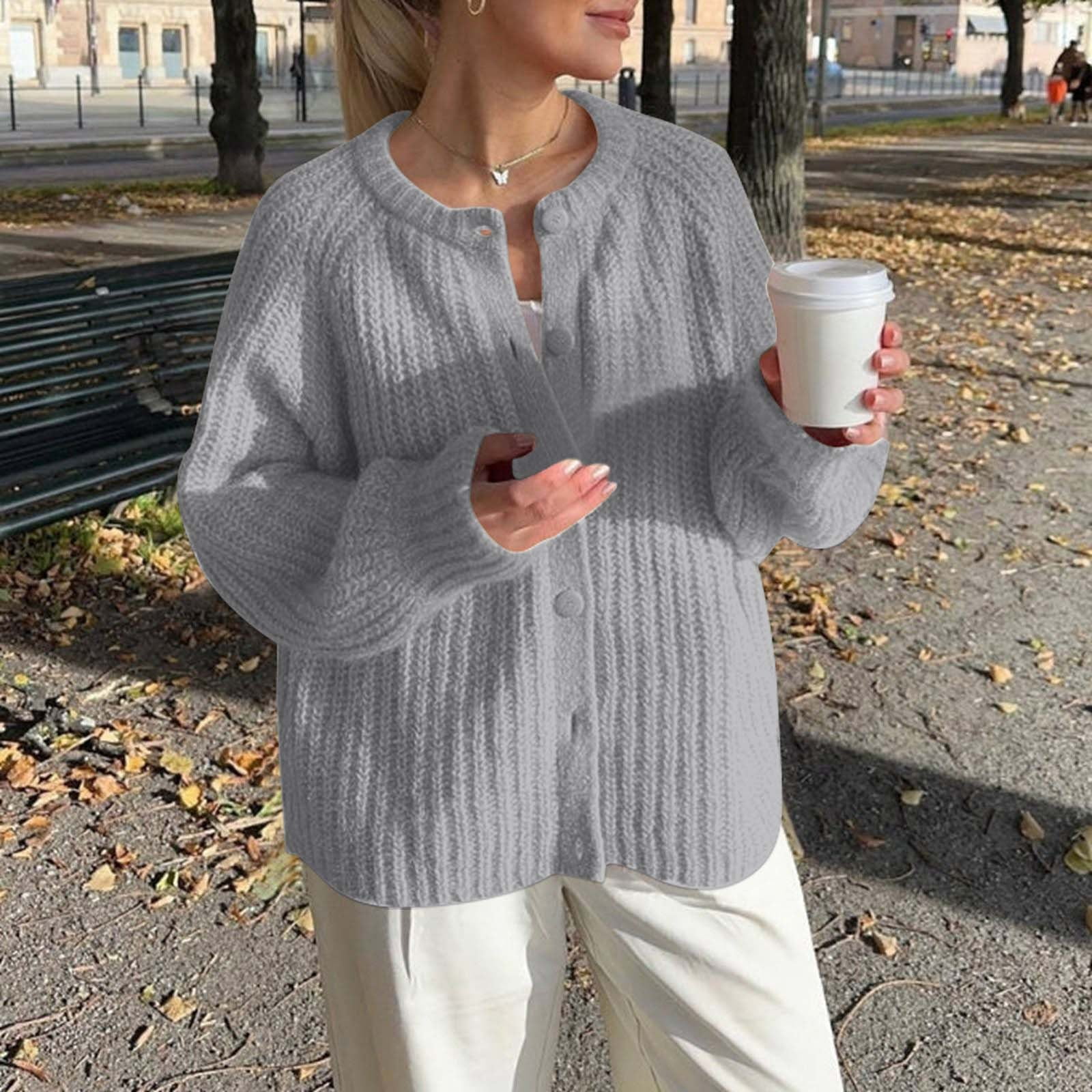Womens Sweaters Cardigan Knitted Button Down Light Grey Sweaters for ...