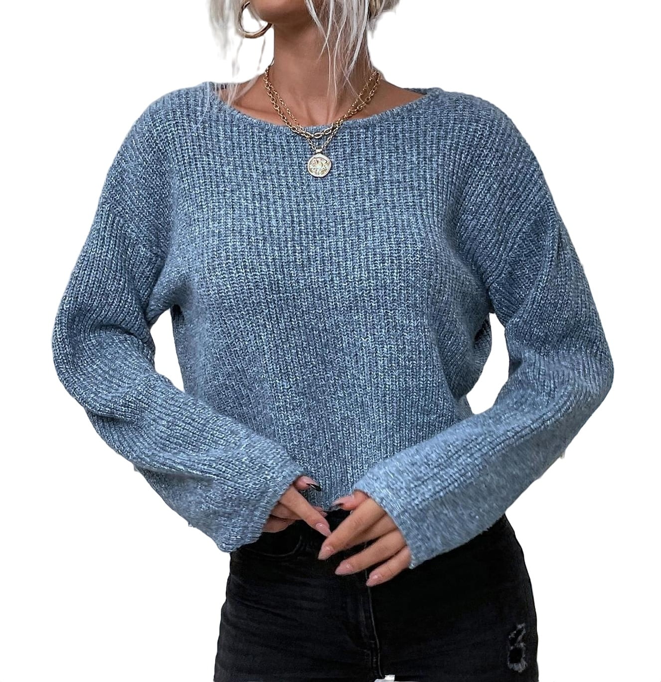 Womens Sweaters Casual Plain Round Neck Pullovers Dusty Blue M ...