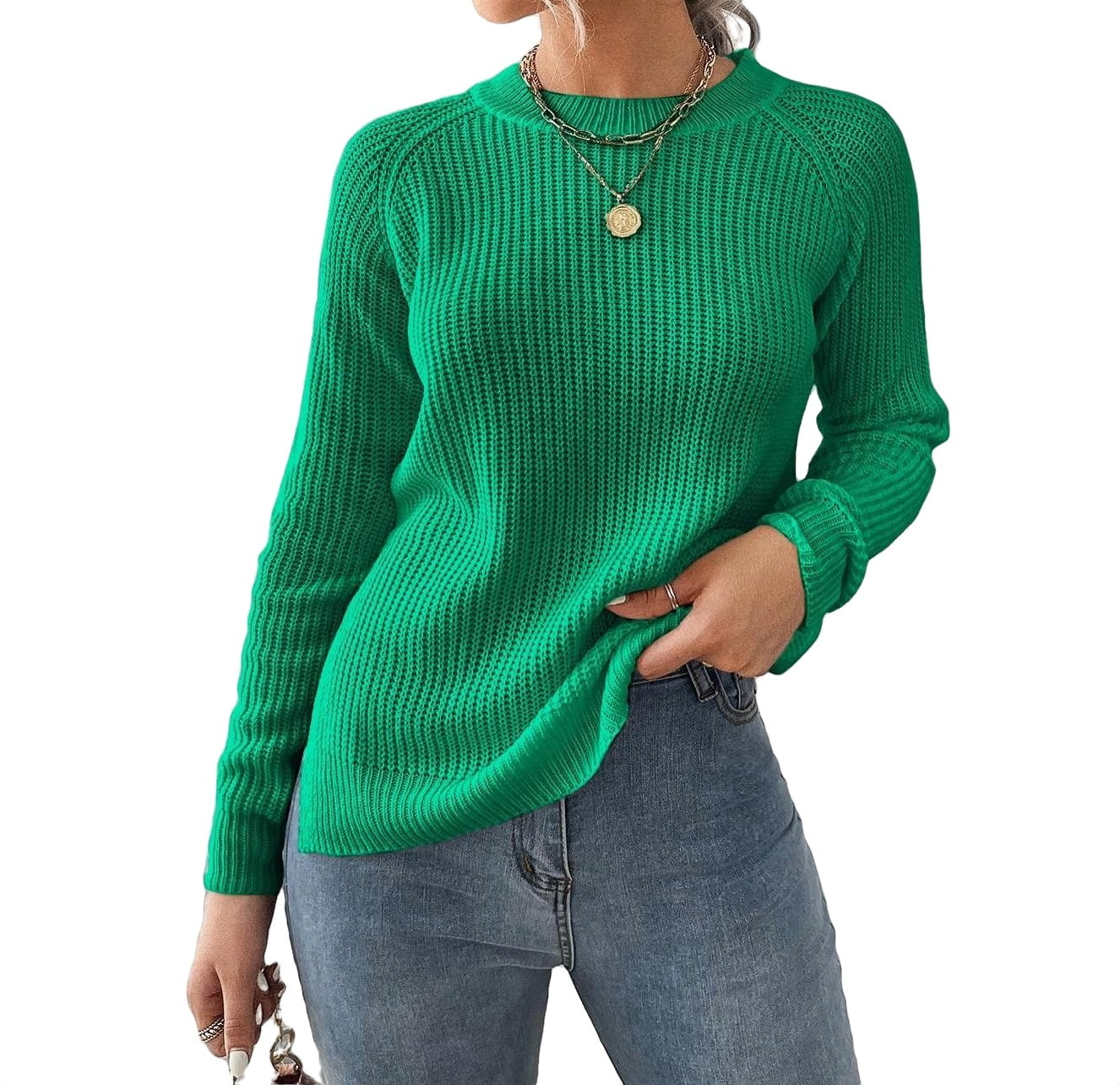 Womens Sweaters Casual Plain Round Neck Pullovers Green L - Walmart.com