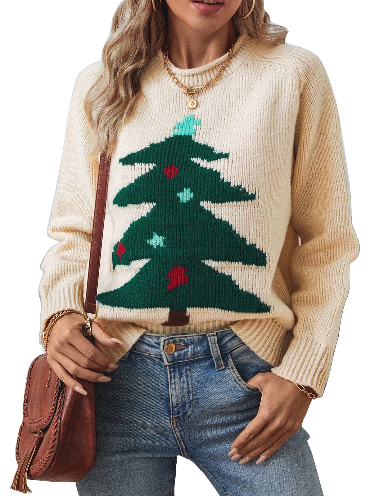 Womens Sweaters Crew Neck Pullover Festive Christmas Tree Sweaters for ...