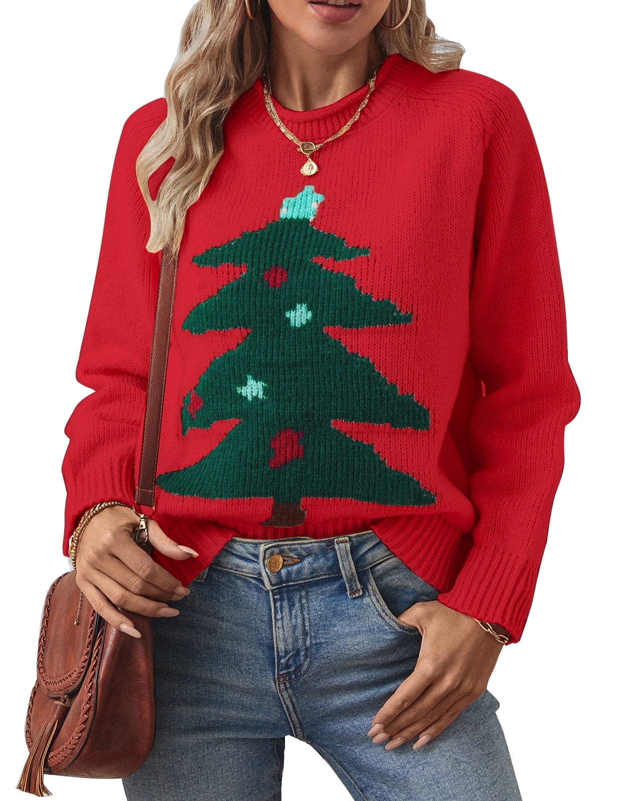 Womens Sweaters Crew Neck Pullover Festive Christmas Tree Sweaters for ...