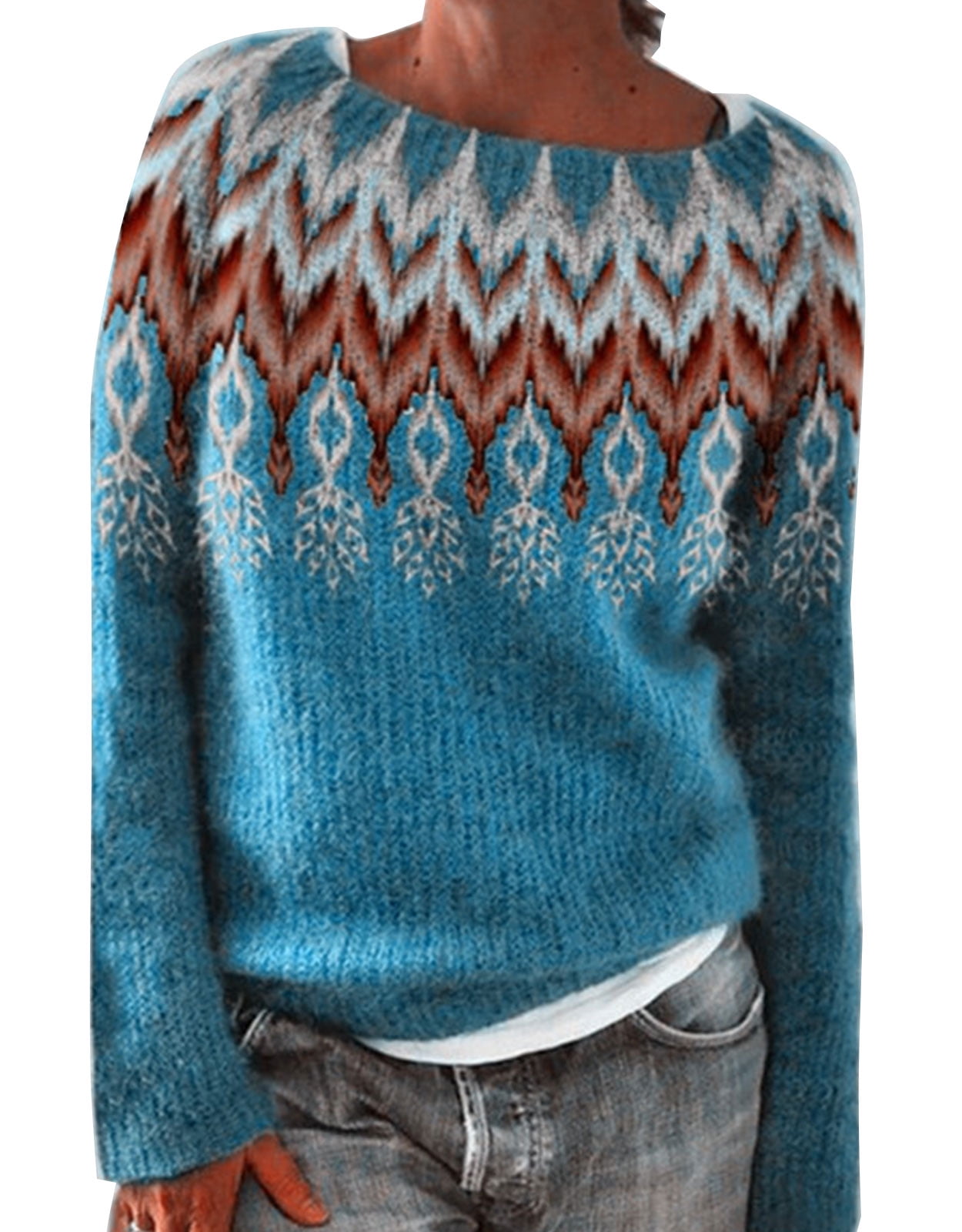 Womens Sweaters Fair Isle Crewneck Sweater Color Block Winter Sweater ...