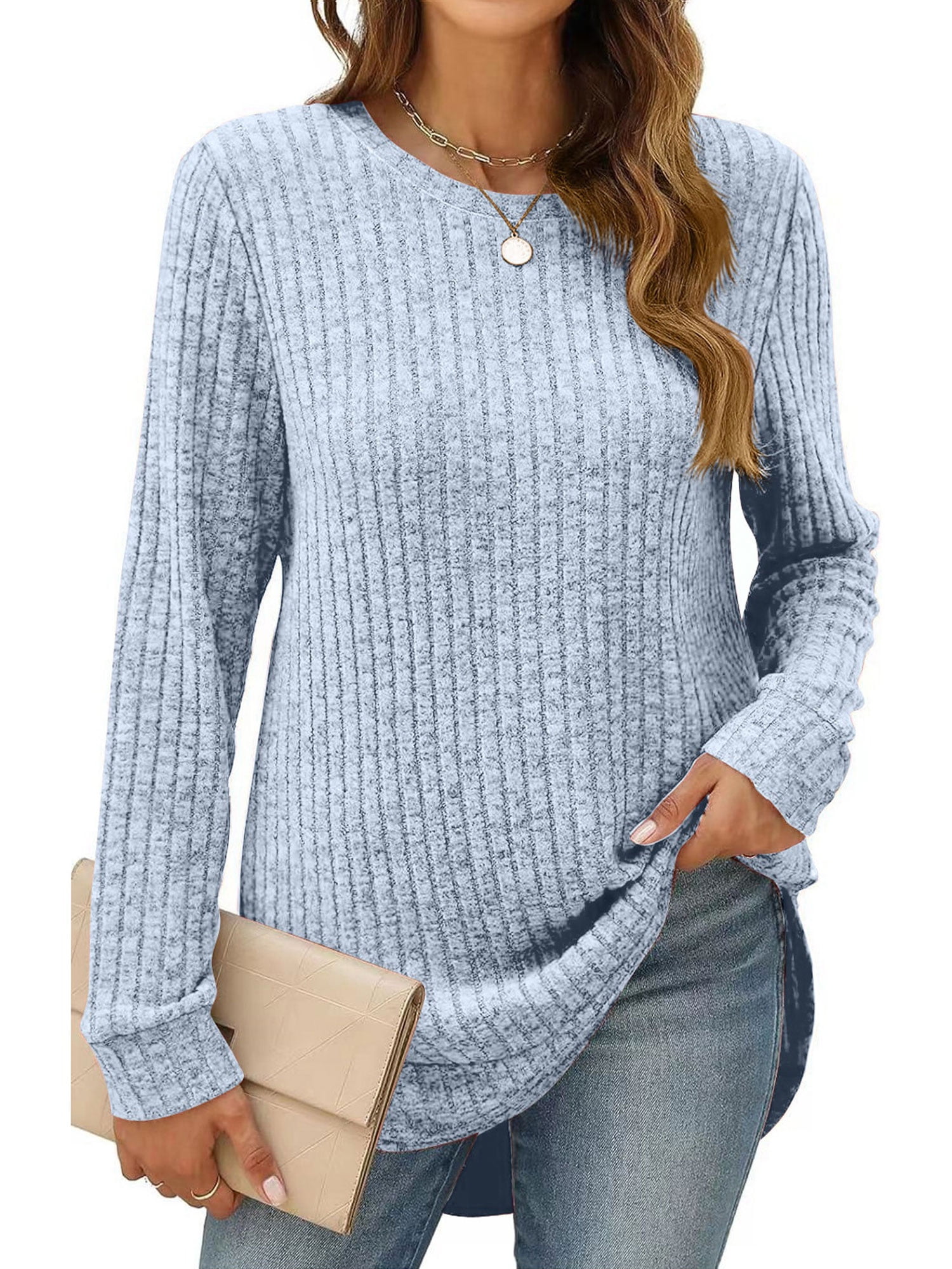 SHIBEVER Long Sleeve Tops for Women Casual Soft Sweaters Crewneck Side ...