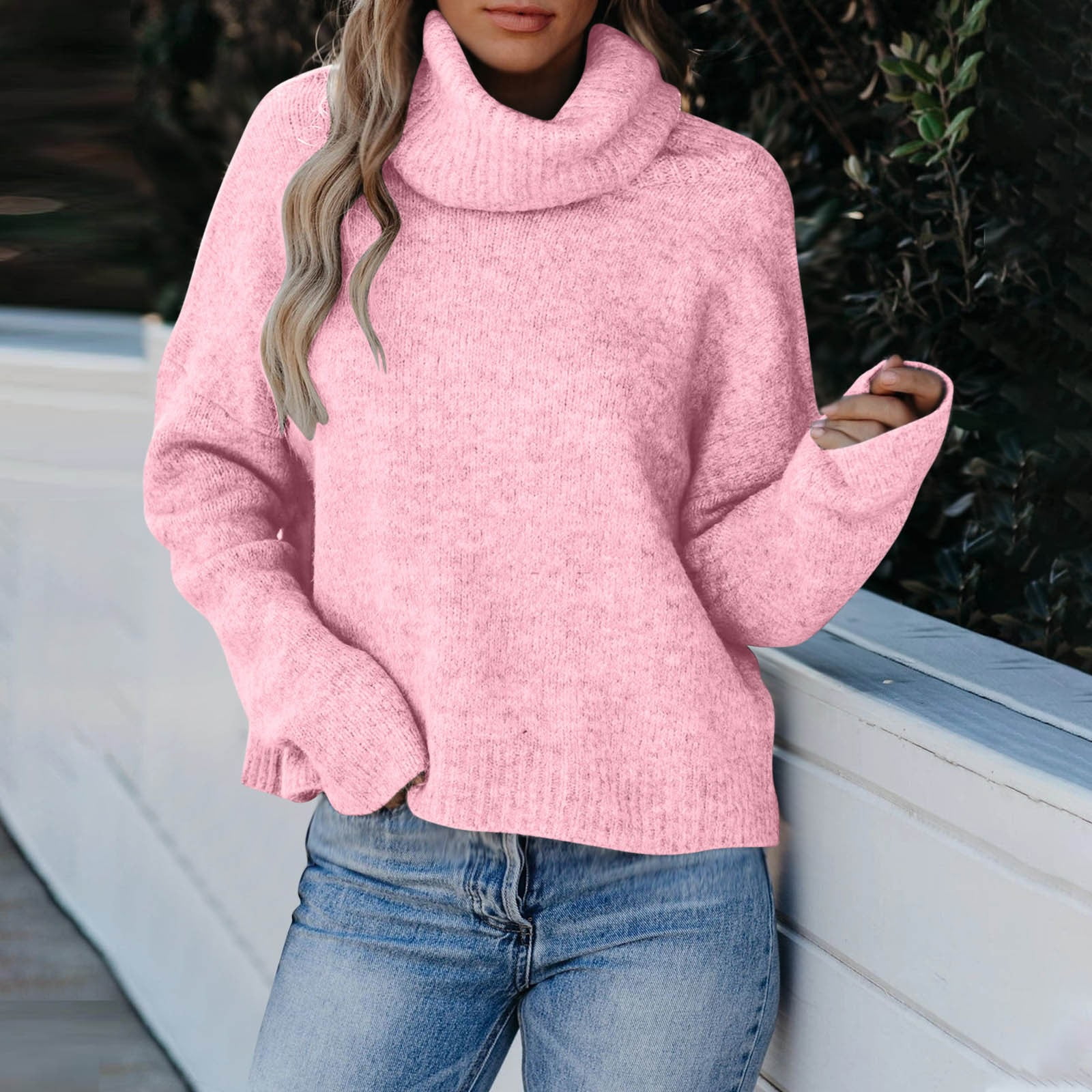 Womens Sweaters Plus Size Turtleneck Long Sleeve Knitted Solid Color ...