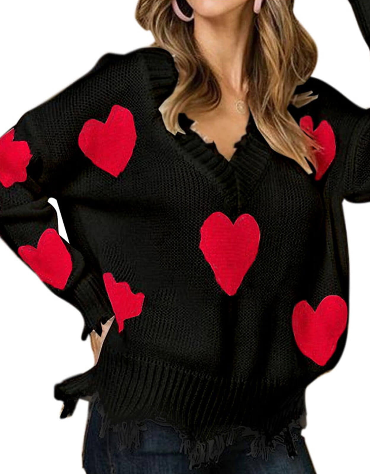 Shermie Women's V-Neck Valentine's Day Heart Print Sweater, Casual ...