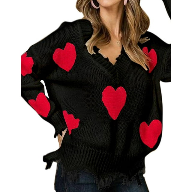 Shermie Women's V-Neck Valentine's Day Heart Print Sweater, Casual Loose Knitted Pullover with ...