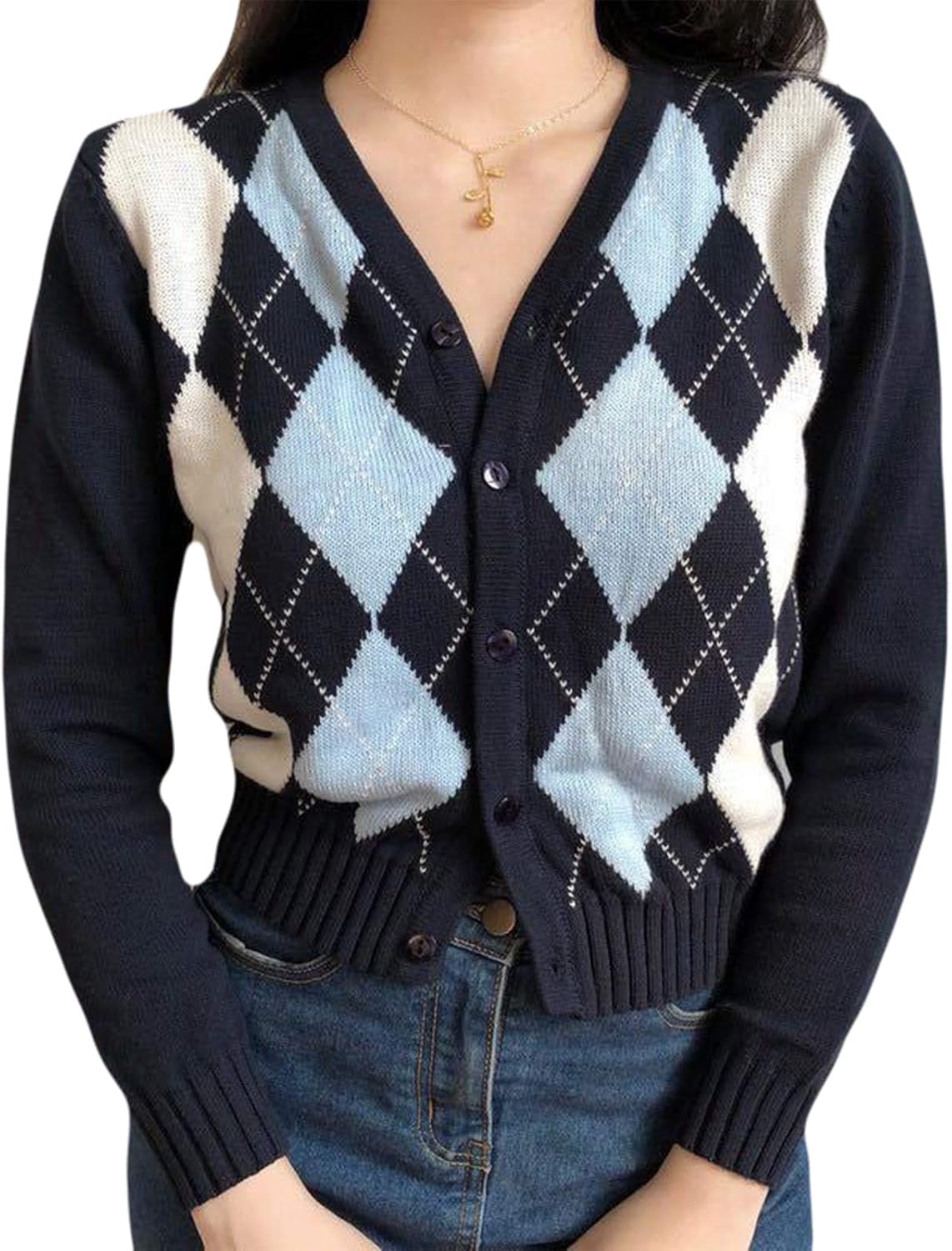 Womens Sweaters,Women Long Sleeve Knitted Cardigan Vintage Argyle ...