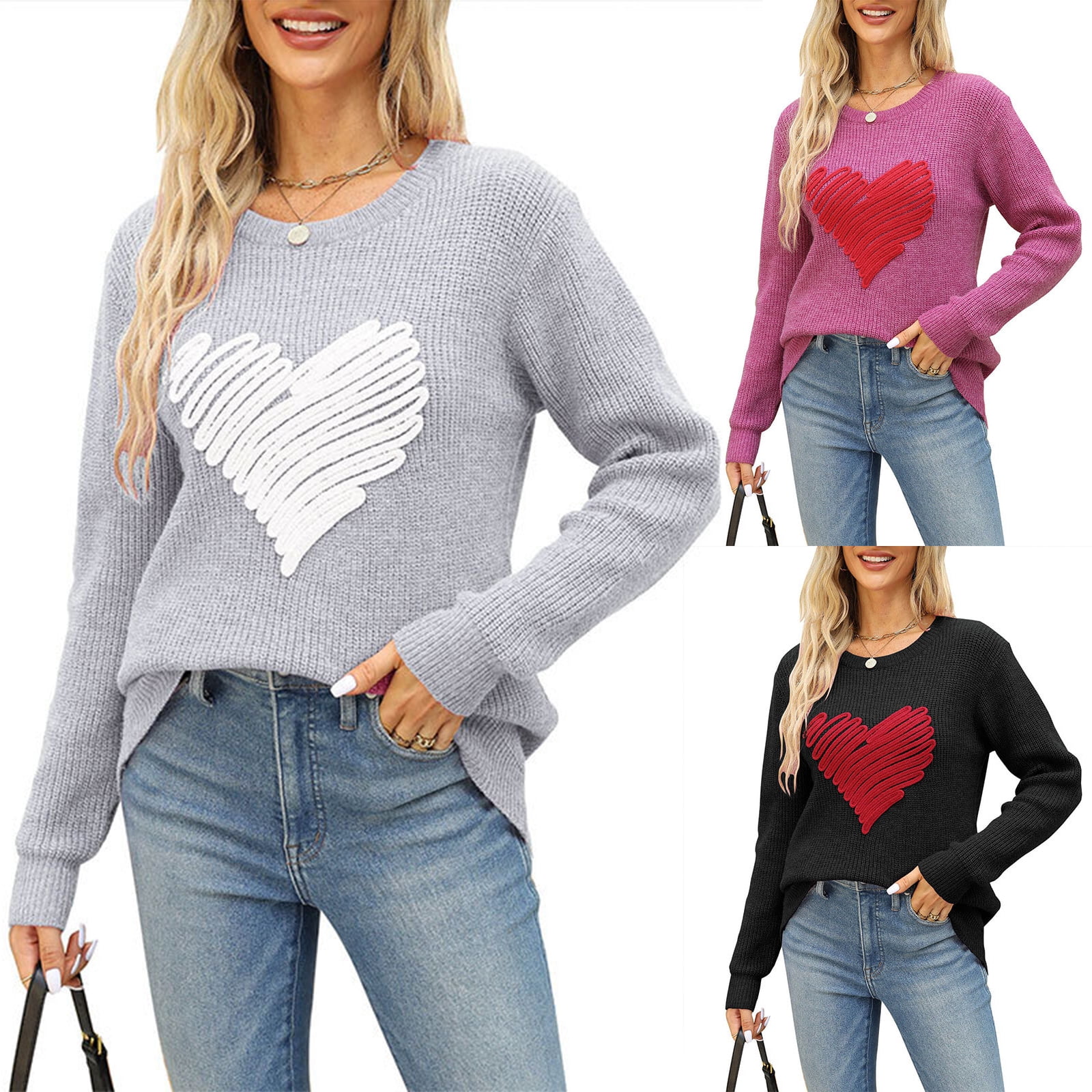 Womens Sweaters Women Loose Knit Sweater Heart Embroidery Valentine'S ...