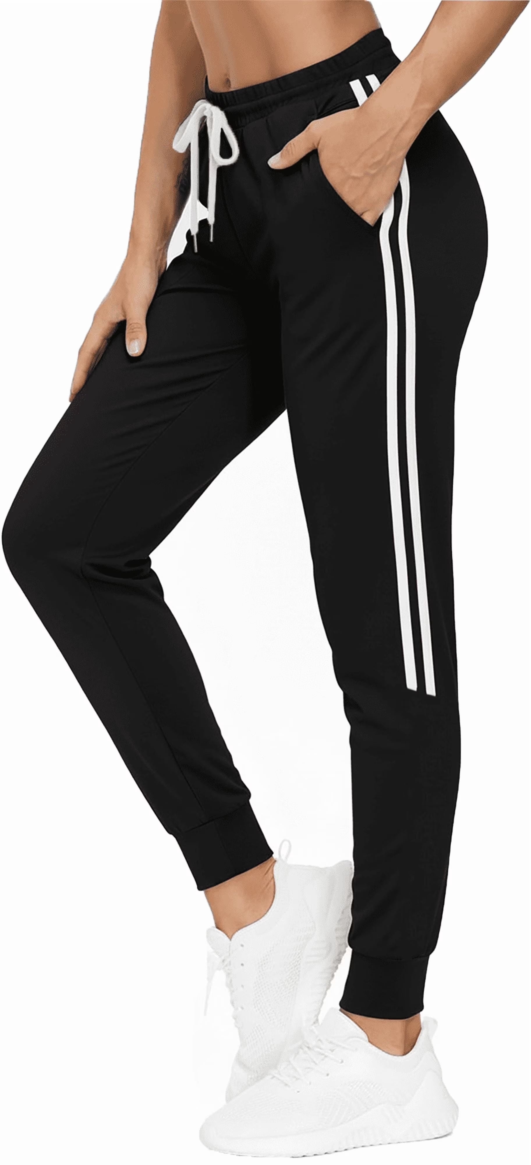 MLDRA Women's Sweatpants Joggers, Black, Side Stripe, Workout, Running ...