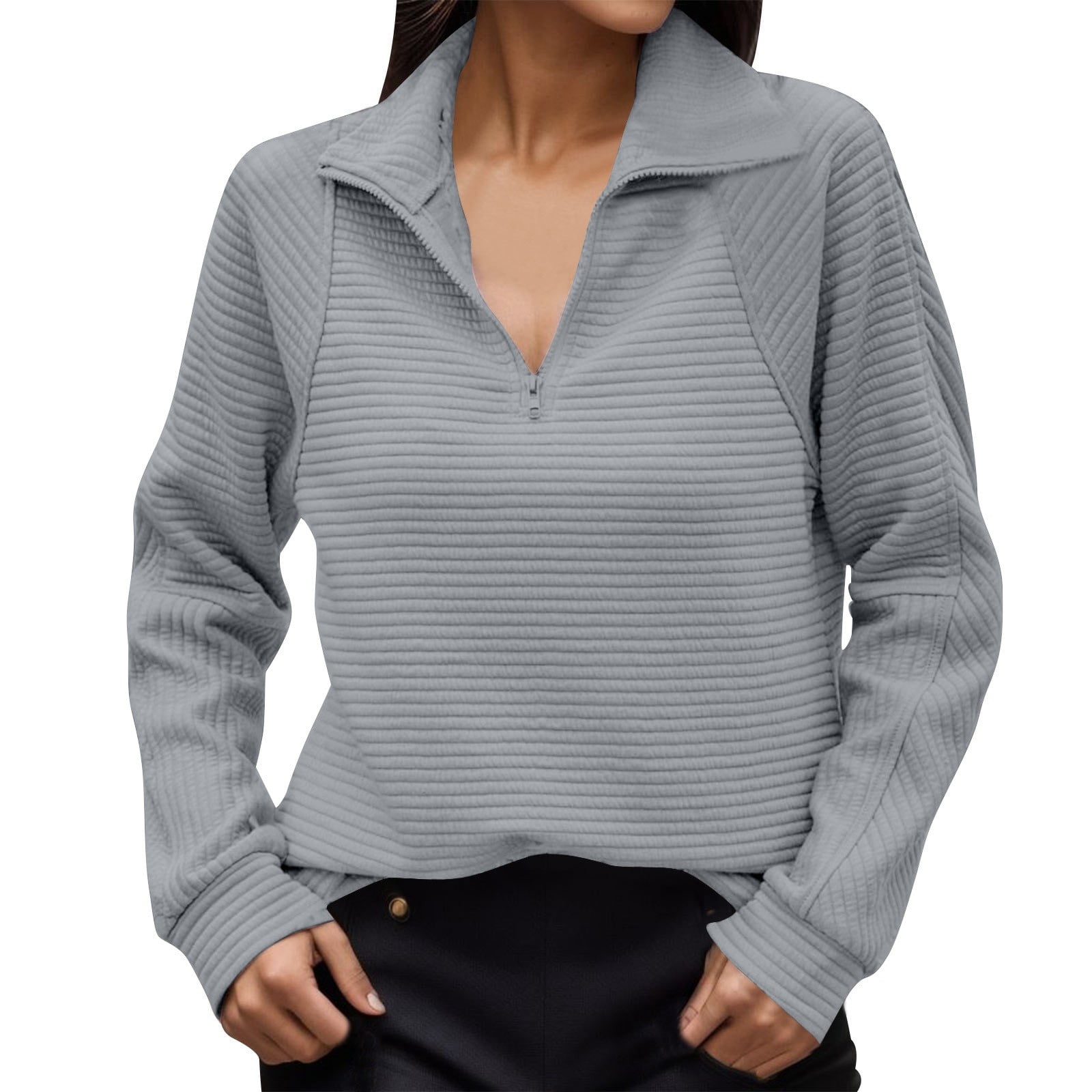 Womens Sweatshirt Trendy Loose Bone Print Solid Color Standing Zipper ...
