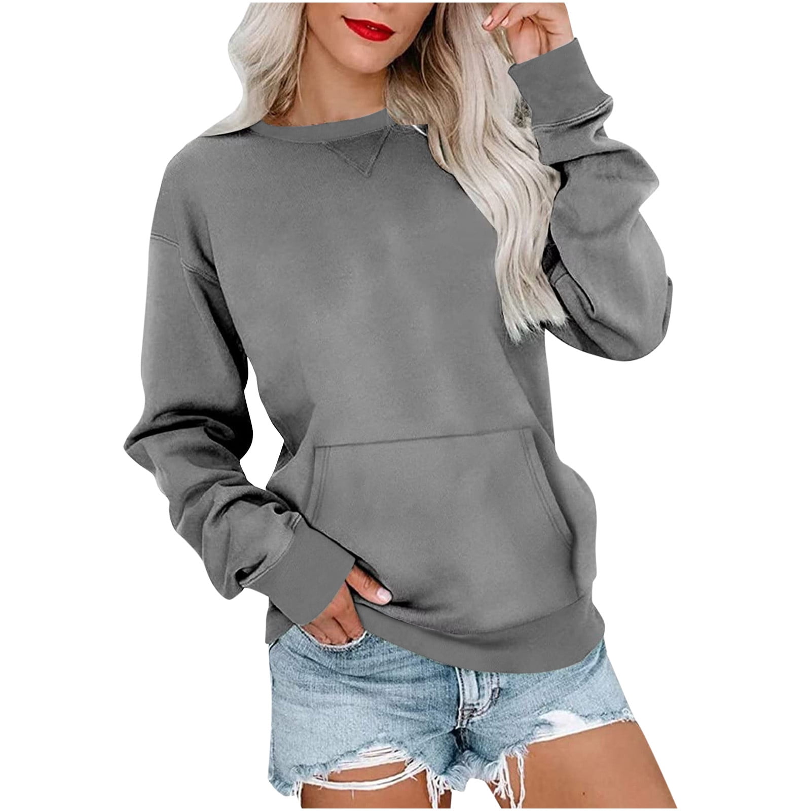 Womens Sweatshirts No Hood Casual Long Sleeve Jumper Loose Pullover ...
