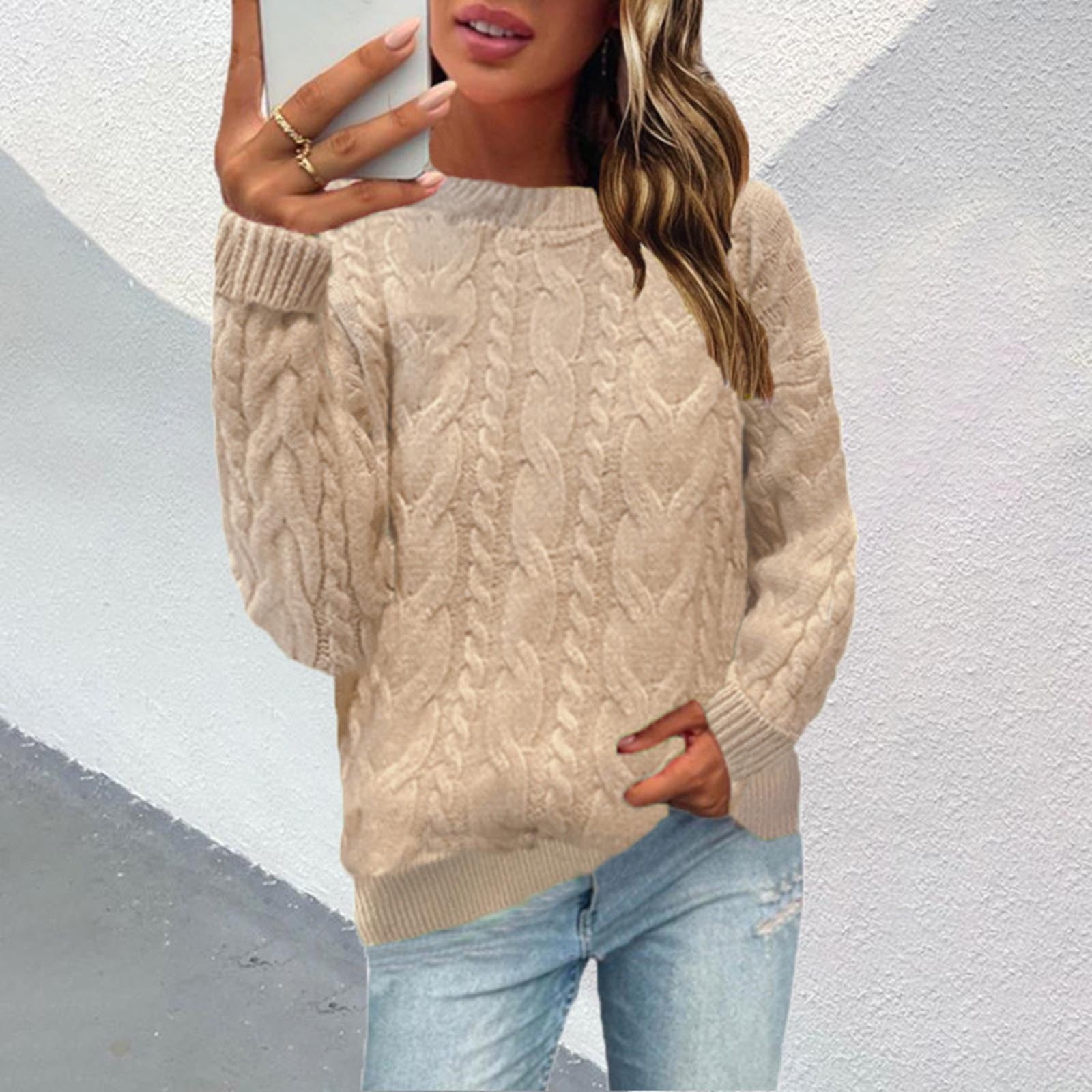 Womens Sweatshirts Sweater Solid Color Round Neck Long Sleeved Sweater ...