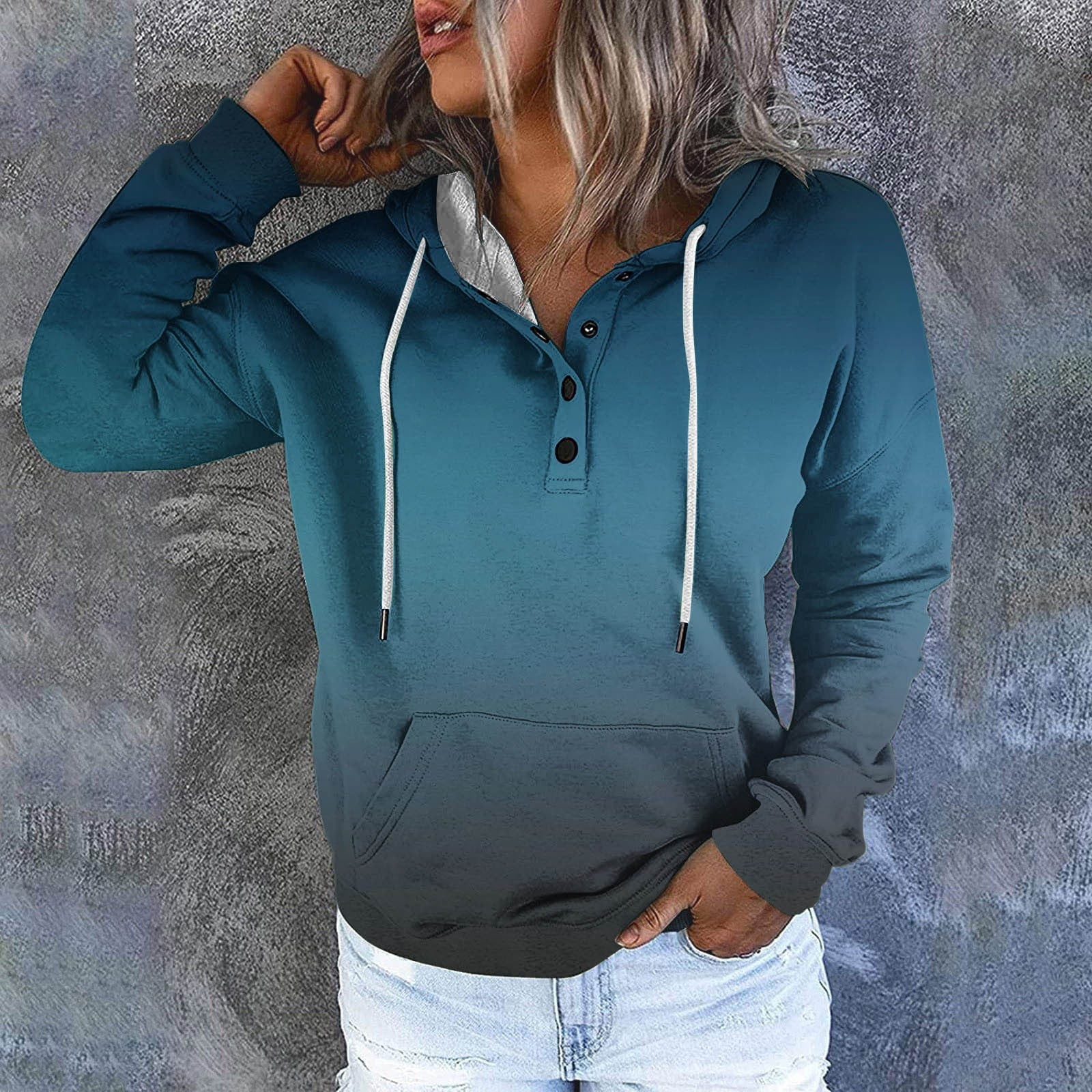 Womens Sweatshirts Plus Size Hoodies Long Sleeve Button Printed Pocket ...