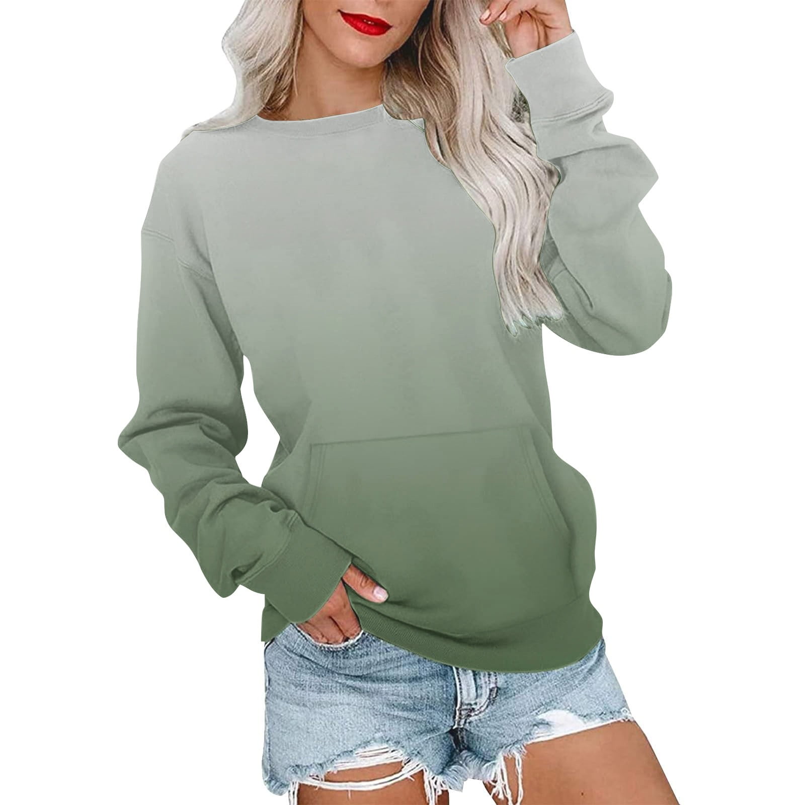 Womens Sweatshirts Plus Size Long Sleeve Gradient Round Neck Pocket ...