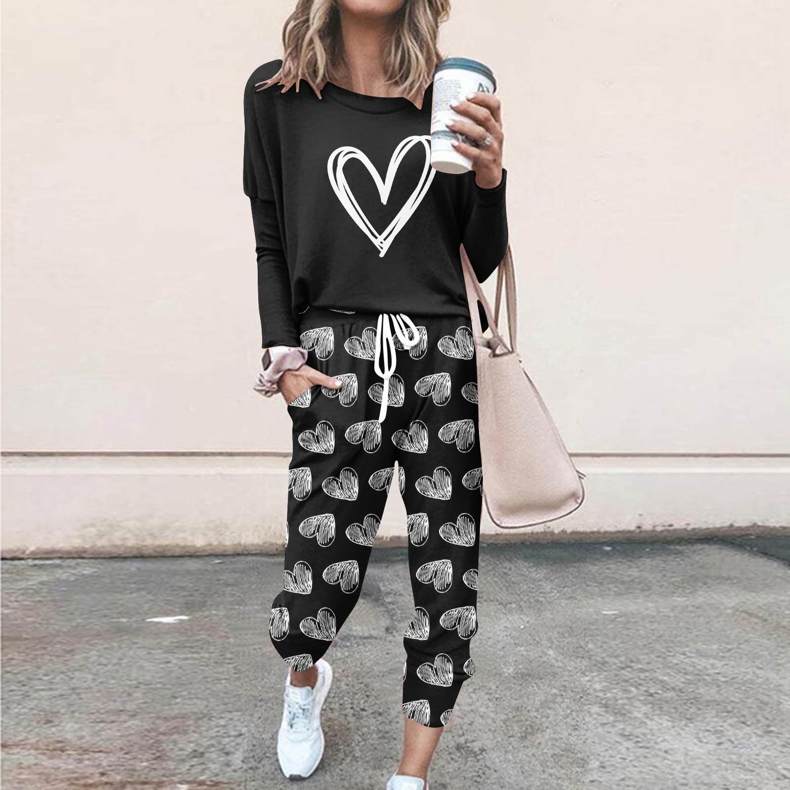Womens Sweatsuits Valentines Day Love Heart Print 2 Piece Outfits Cute ...