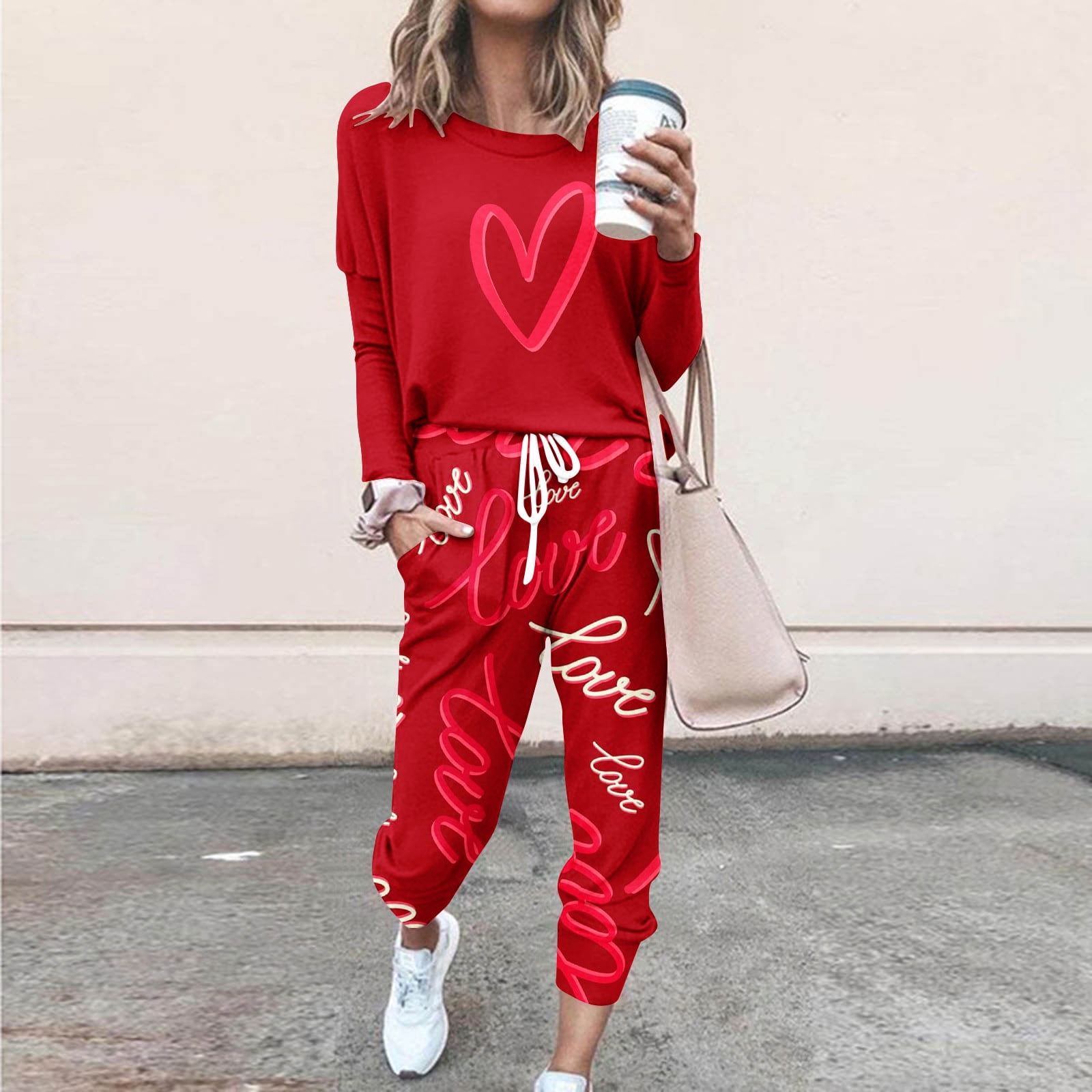 Womens Sweatsuits Valentines Day Love Heart Print 2 Piece Outfits Cute ...