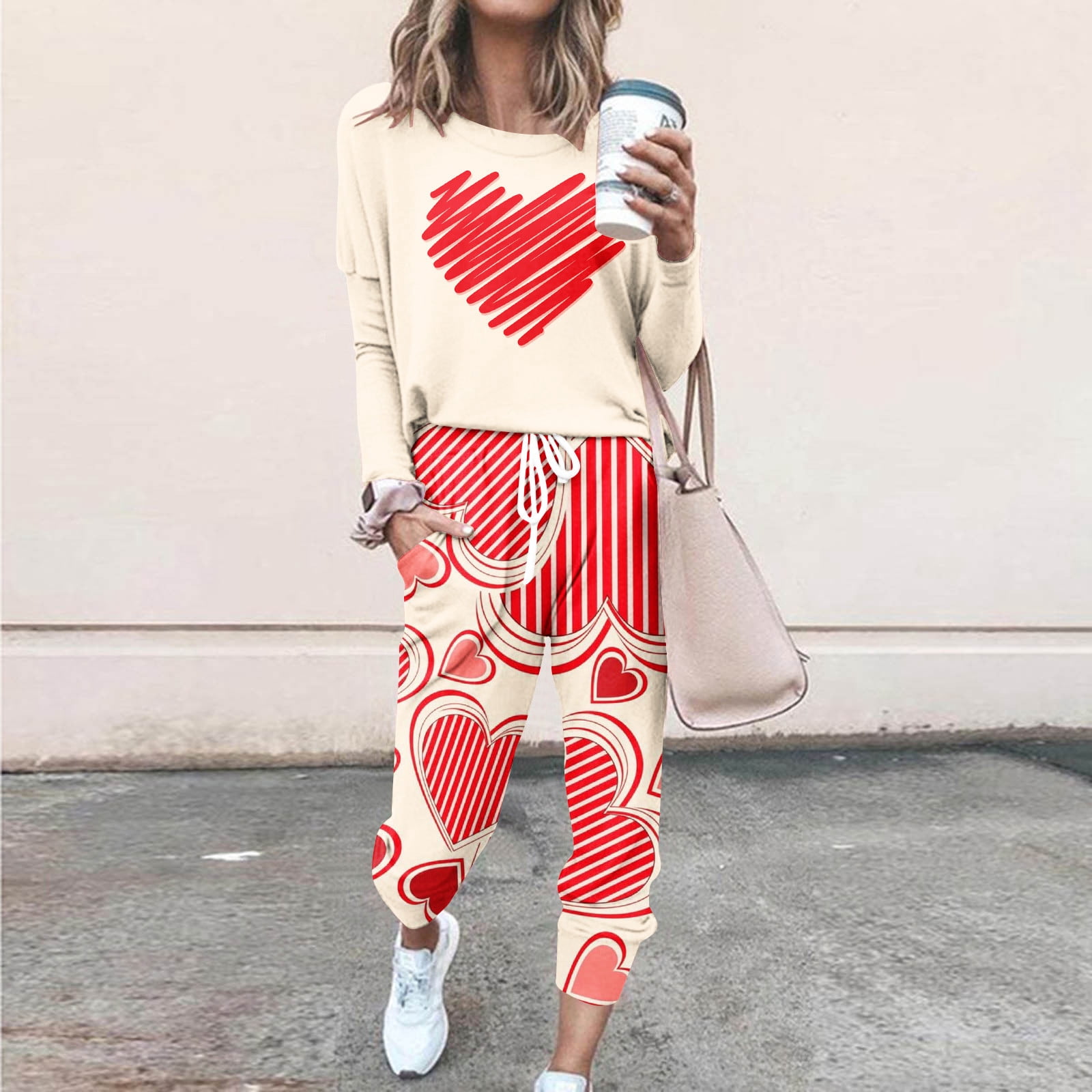 Womens Sweatsuits Valentines Day Love Heart Print 2 Piece Outfits Cute ...