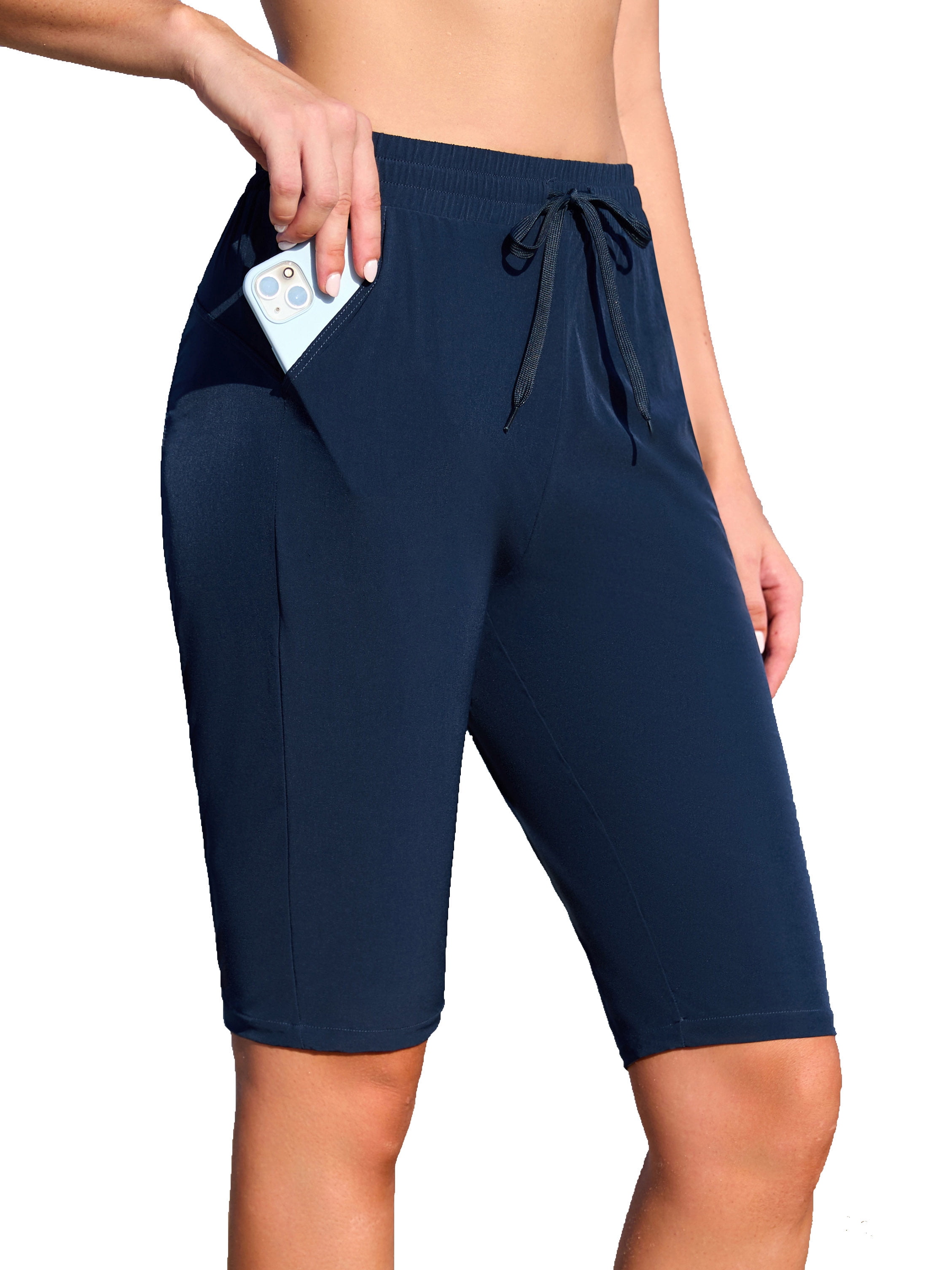 Womens Swim Shorts Knee Length High Waisted Drawstring Swim Bottoms ...