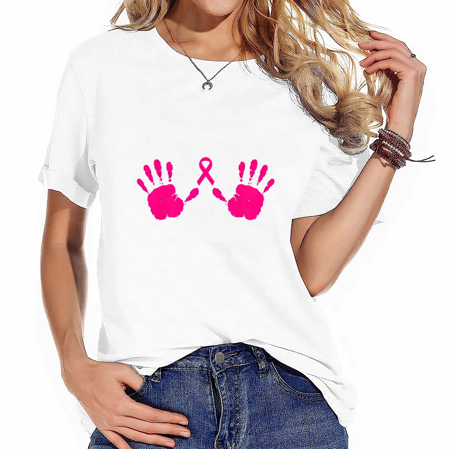 Womens T Shirt Handprint Breast Cancer Awareness Pink Support Survivor ...