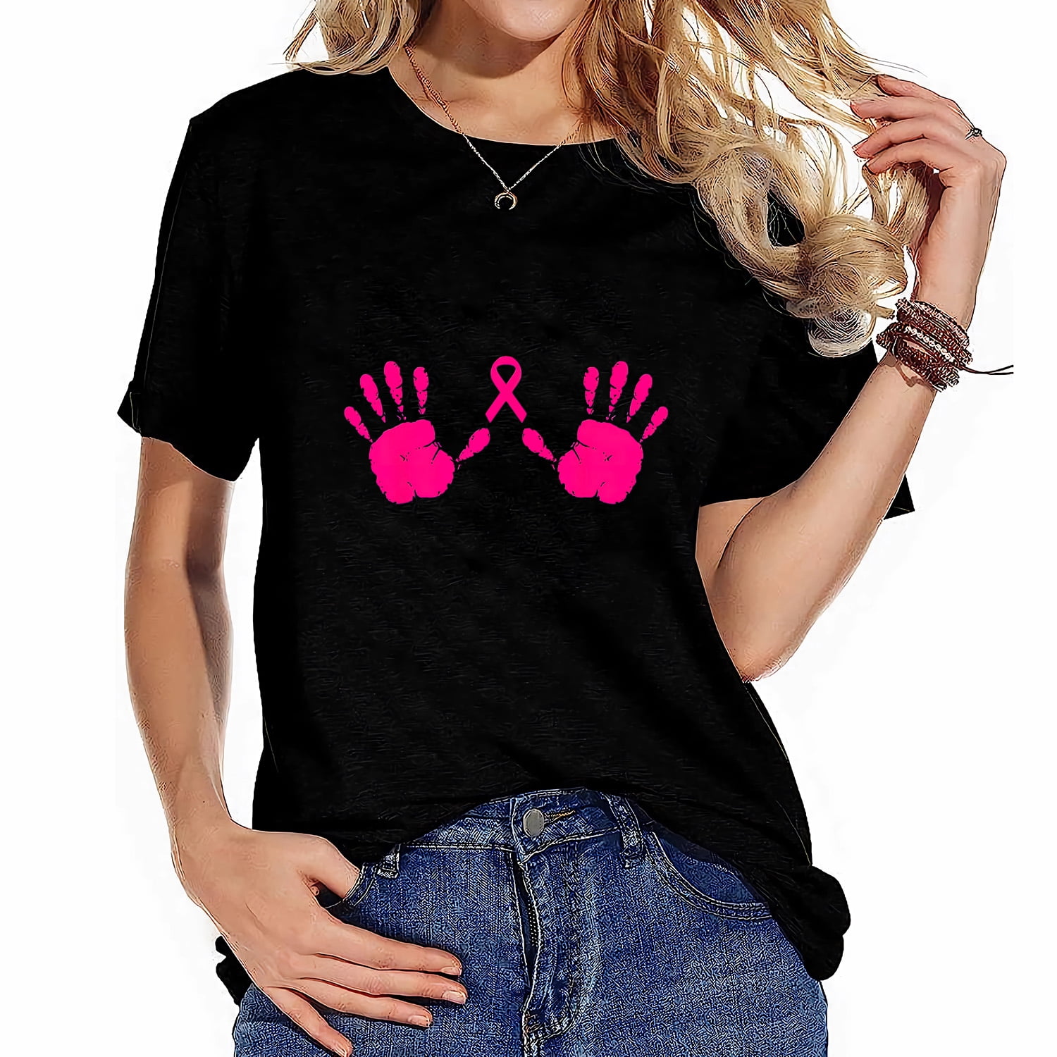 Womens T Shirt Handprint Breast Cancer Awareness Pink Support Survivor ...