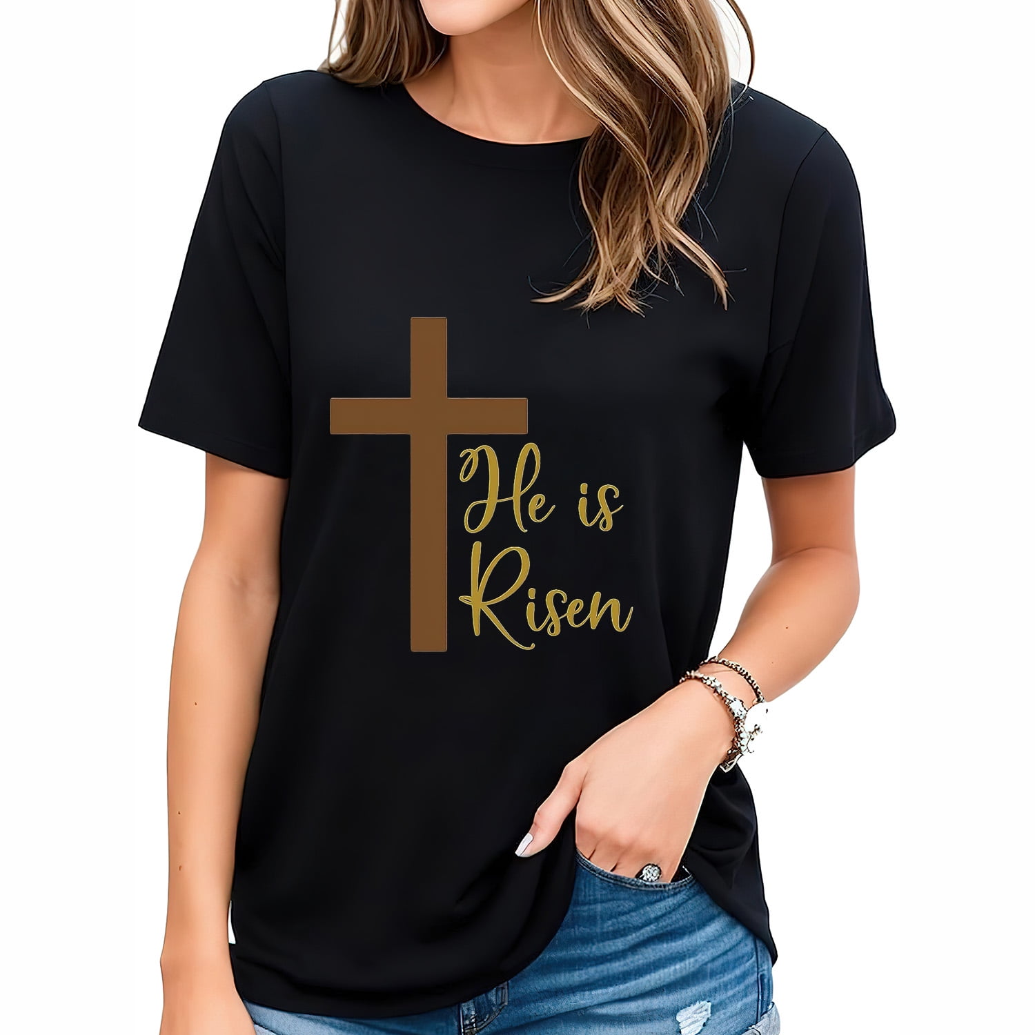 Womens T Shirt He is Risen Cursive Cross Easter Jesus Resurrection ...