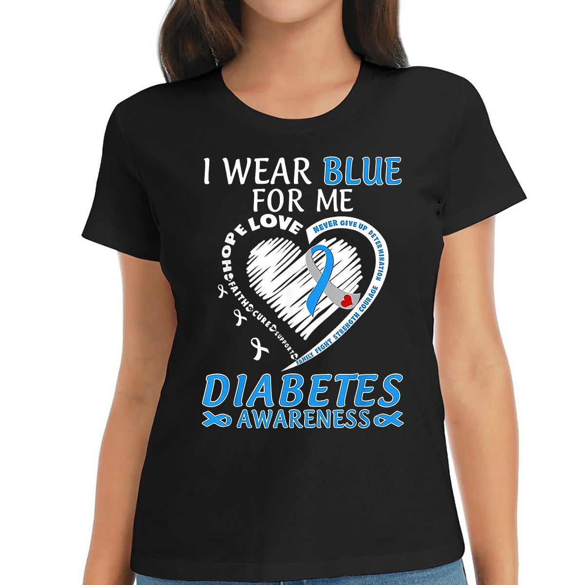 Womens T Shirt I Wear Blue For Me Diabetes Awareness Blue Ribbon Heart ...