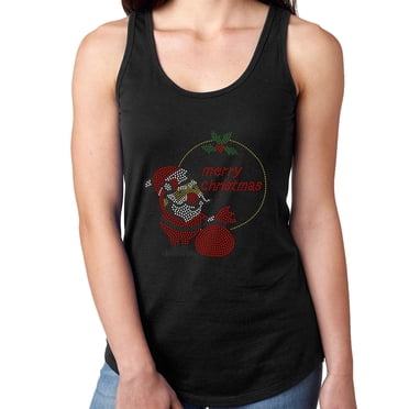Womens T-Shirt Rhinestone Bling Black Tee Christmas Santa Hugs Love ...