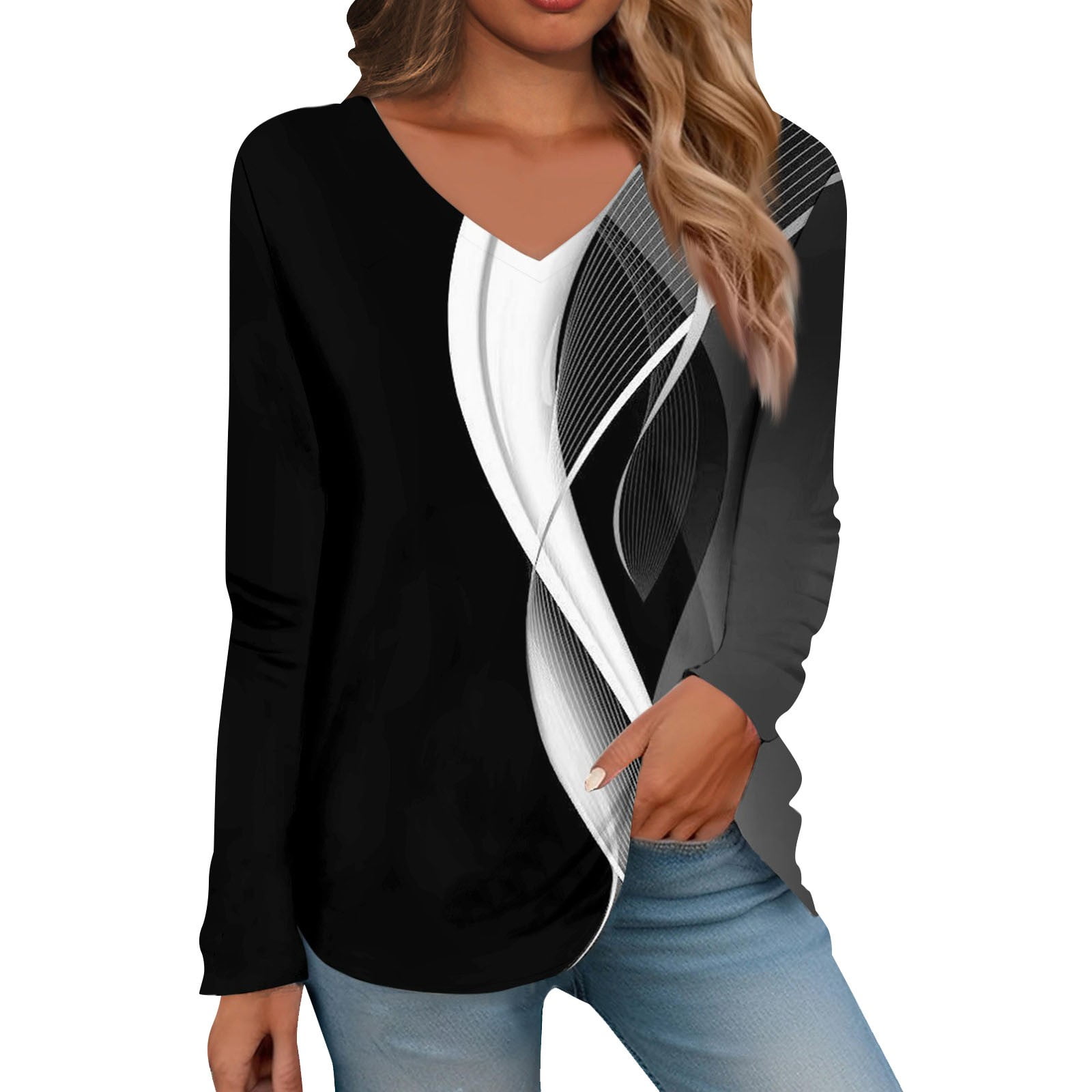 Womens T Shirts Fall Long Sleeve Printing Tops V Neck Tunic Casual ...
