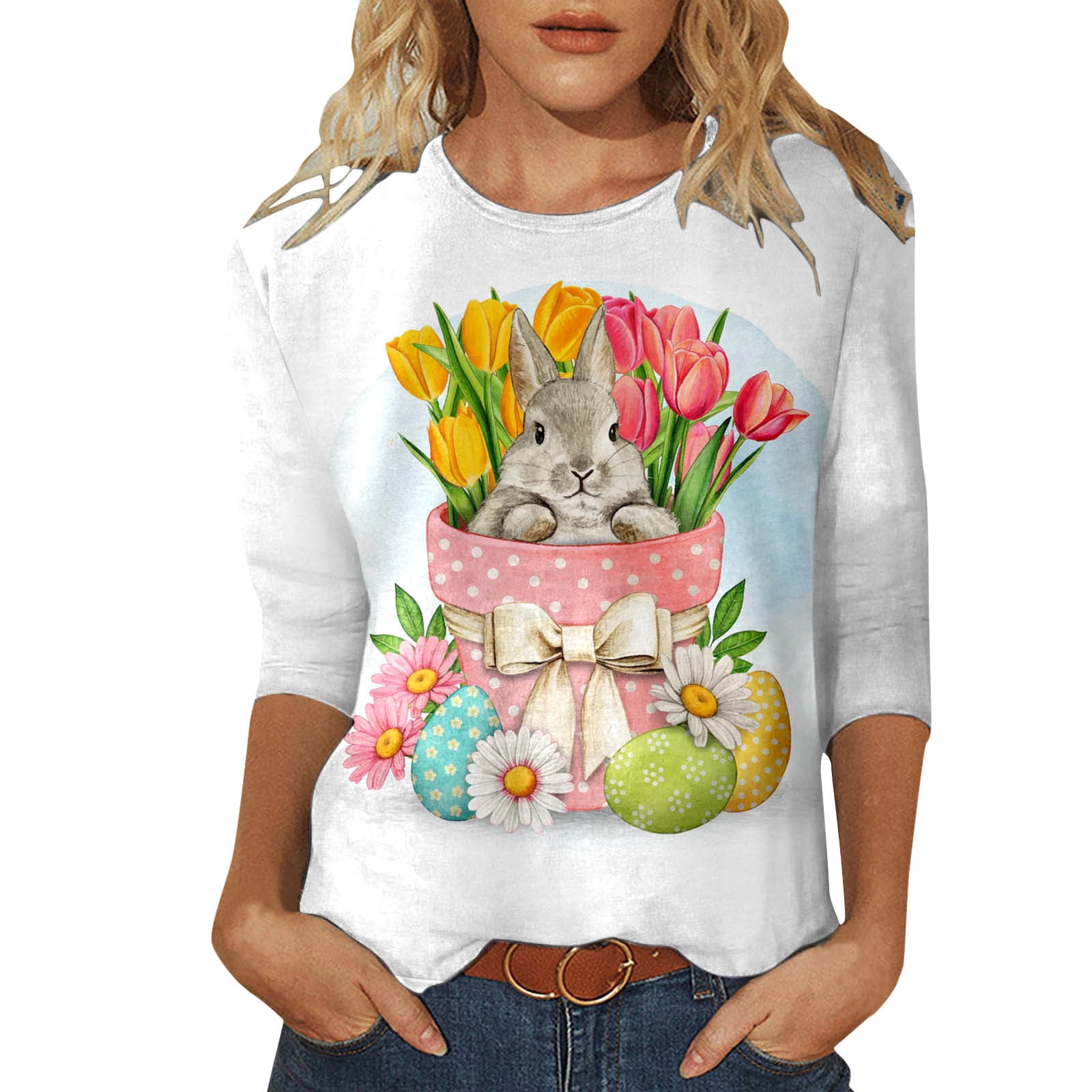 KTMKH Womens T Shirts Spring And Summer Casual Crew Neck 3/4 Sleeve ...