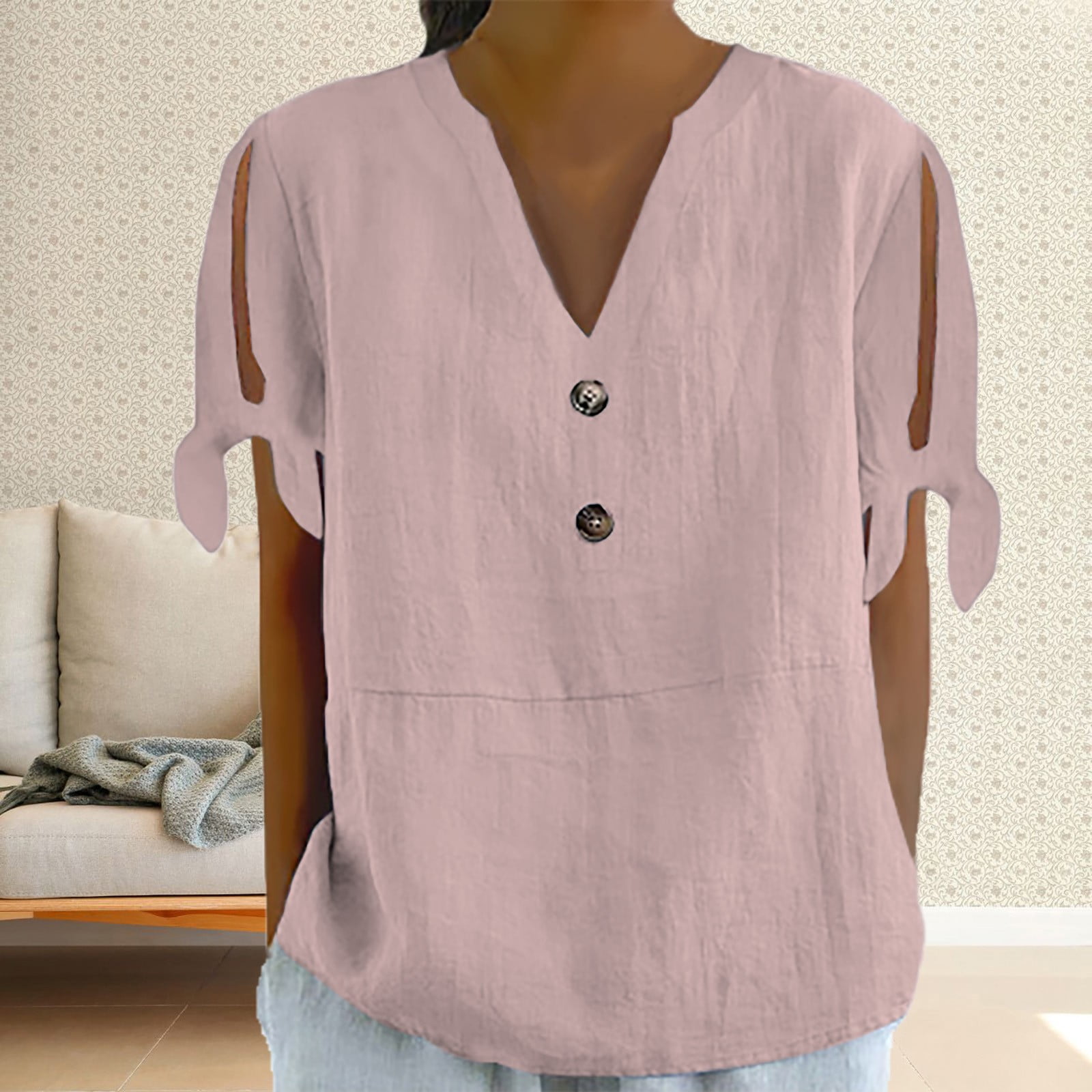 Womens T Shirts Women's Spring/Summer V Tie Button Side Sleeve Fork ...