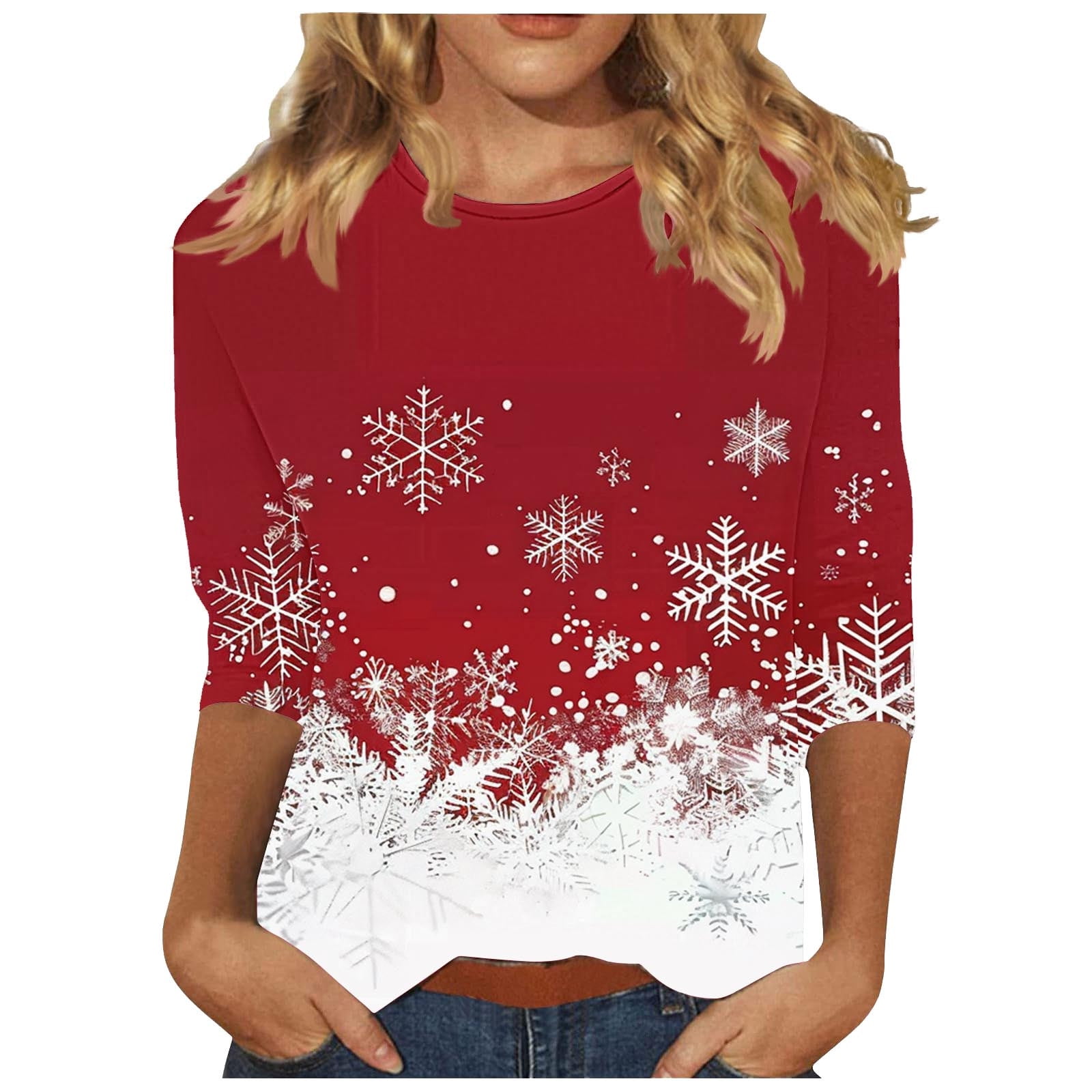 Womens T-shirts Xmas Tree Print Christmas Shirts 3/4 Sleeve Tops Round ...