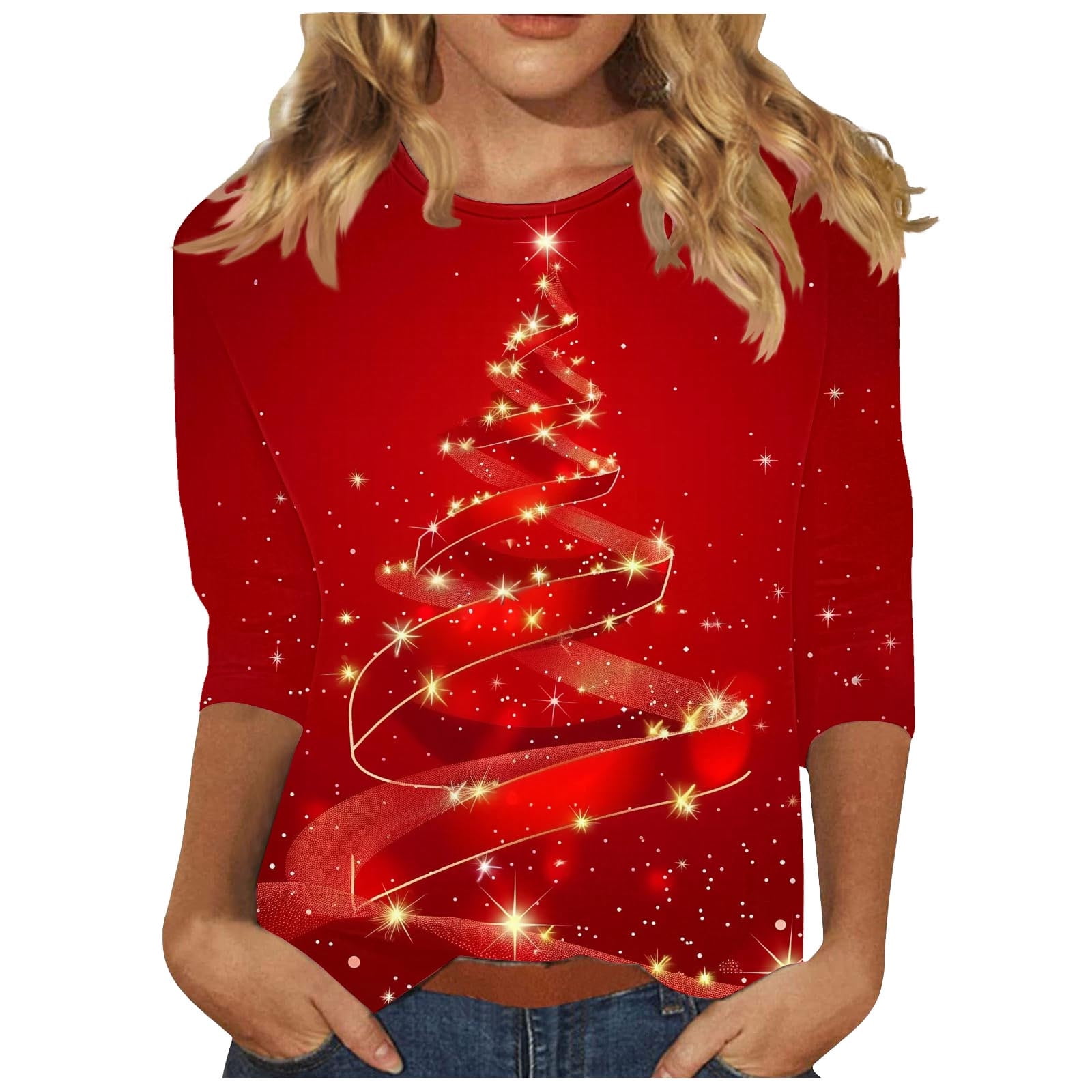 Womens T-shirts Xmas Tree Print Christmas Shirts 3/4 Sleeve Tops Round ...