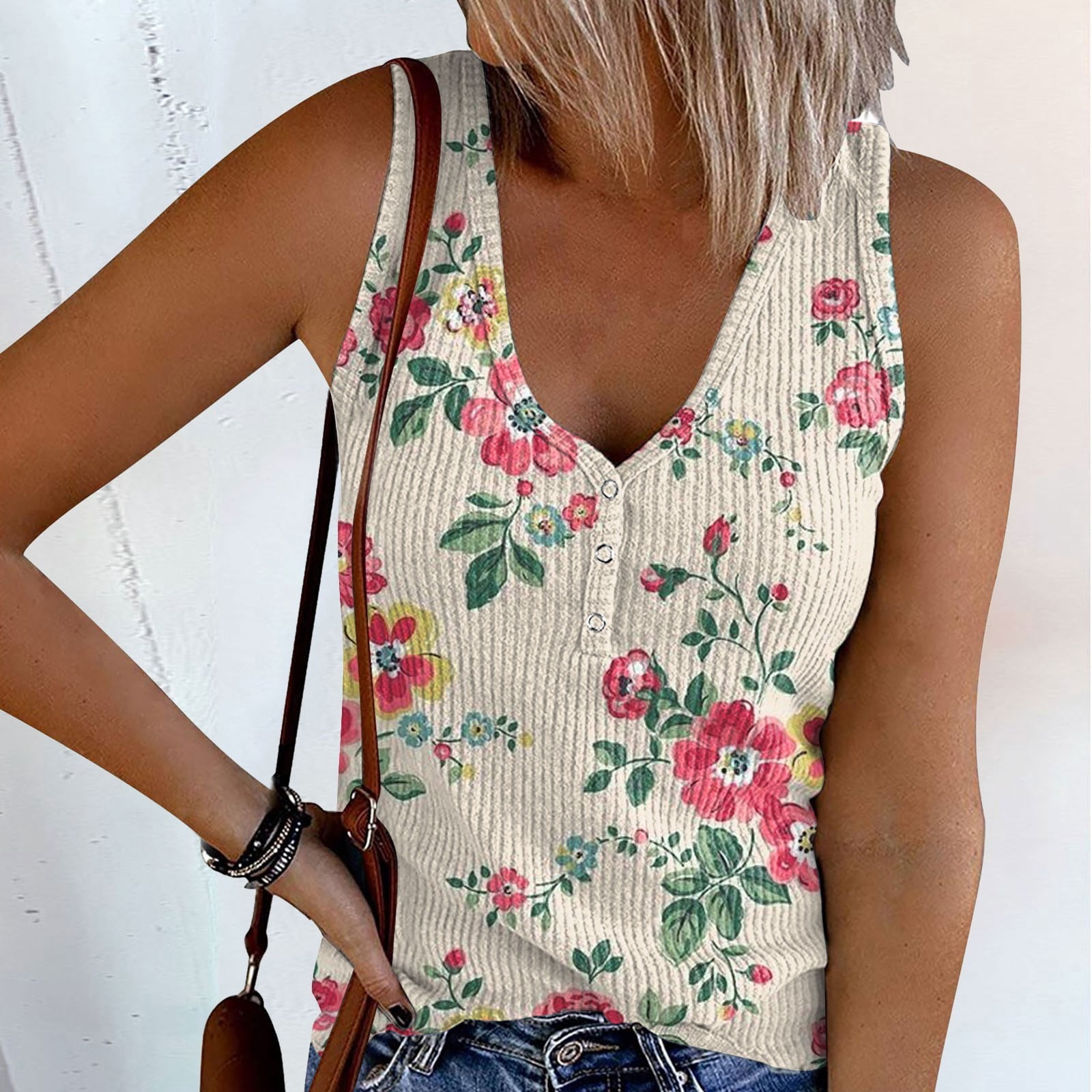 Womens Tank Top Floral Print V Neck Lightweight Stretchy Ribbed Knit ...