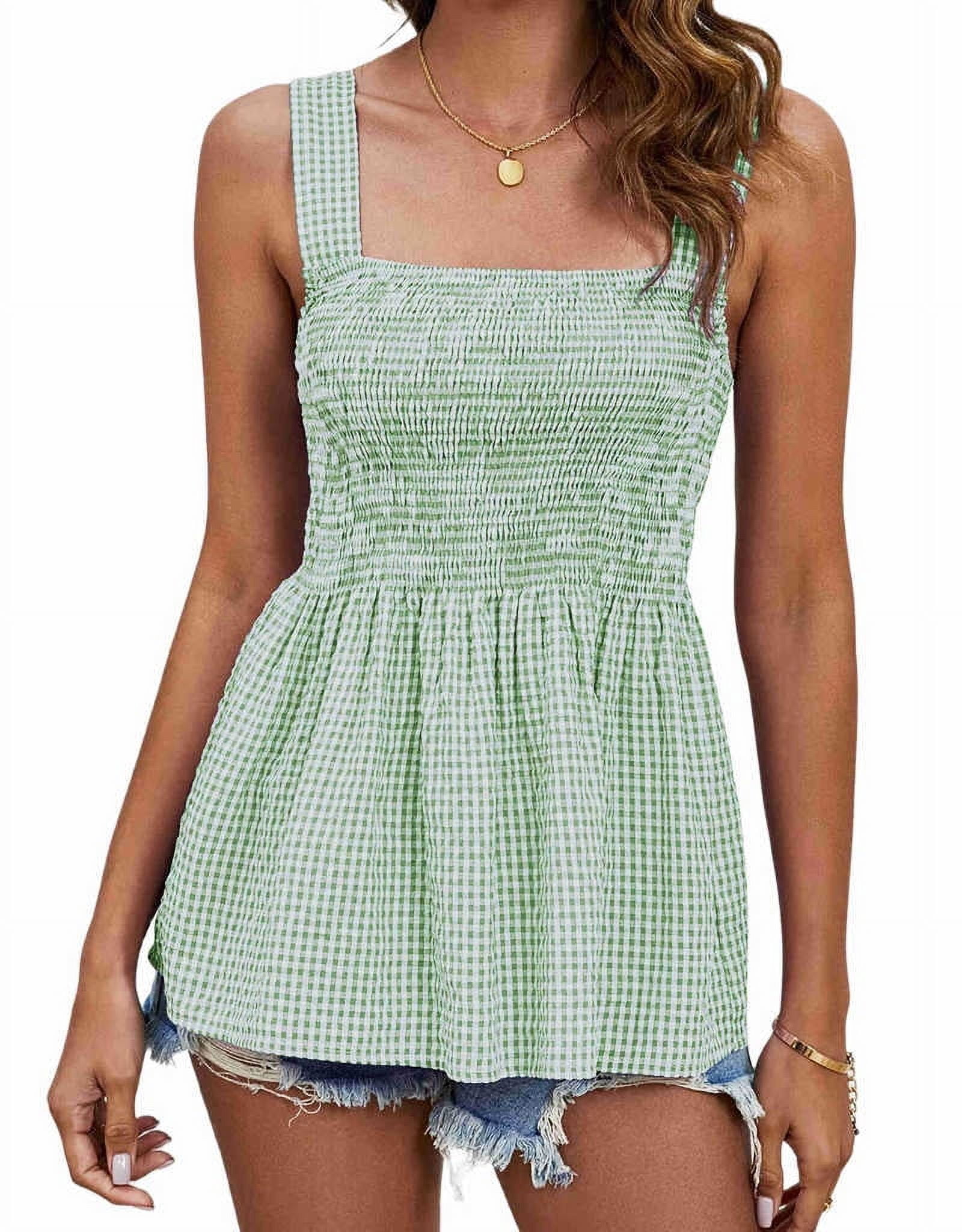 Womens Tank Tops Fashion Summer Smocked Blouses Square Neck Sleeveless ...