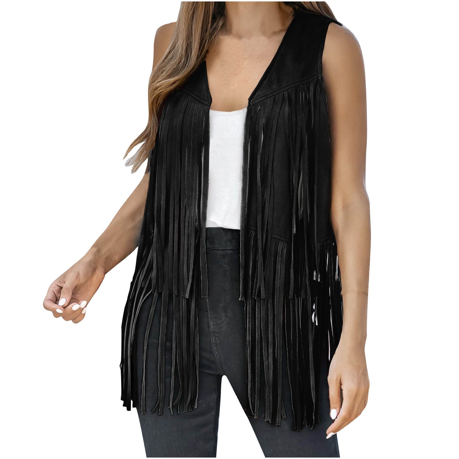 Womens Tassel Sleeveless Vest 70s Hippie Suede Fringe Jacket Cardigan Holiday Wear For Party ...