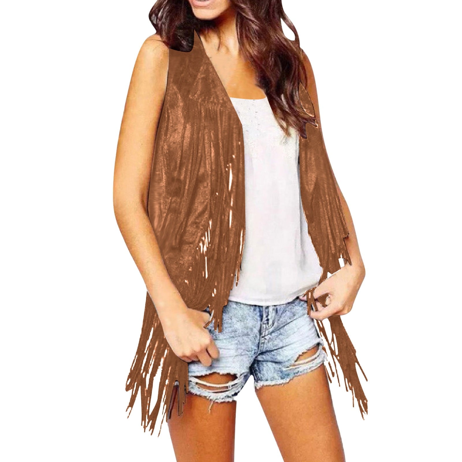 Womens Tassel Sleeveless Vest 70s Hippie Suede Fringe Jacket Cardigan Holiday Wear For Party ...