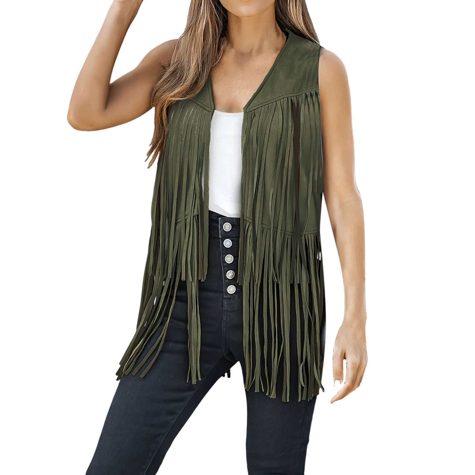 Womens Tassel Sleeveless Vest 70s Hippie Suede Fringe Jacket Cardigan Necklace Hats for Men Punk ...